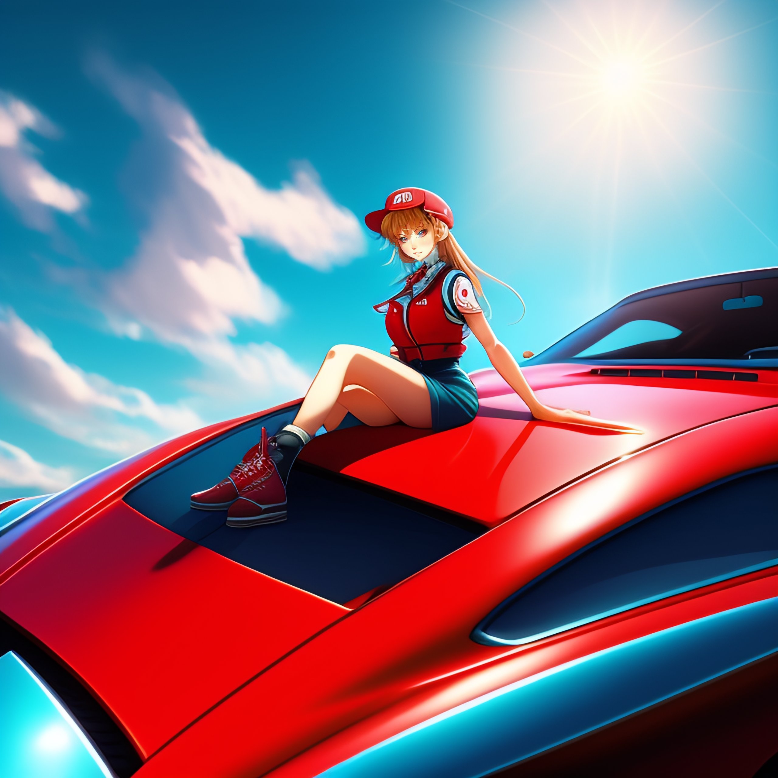 Lexica - A girl in a red vest sitting on the hood of a light blue ...