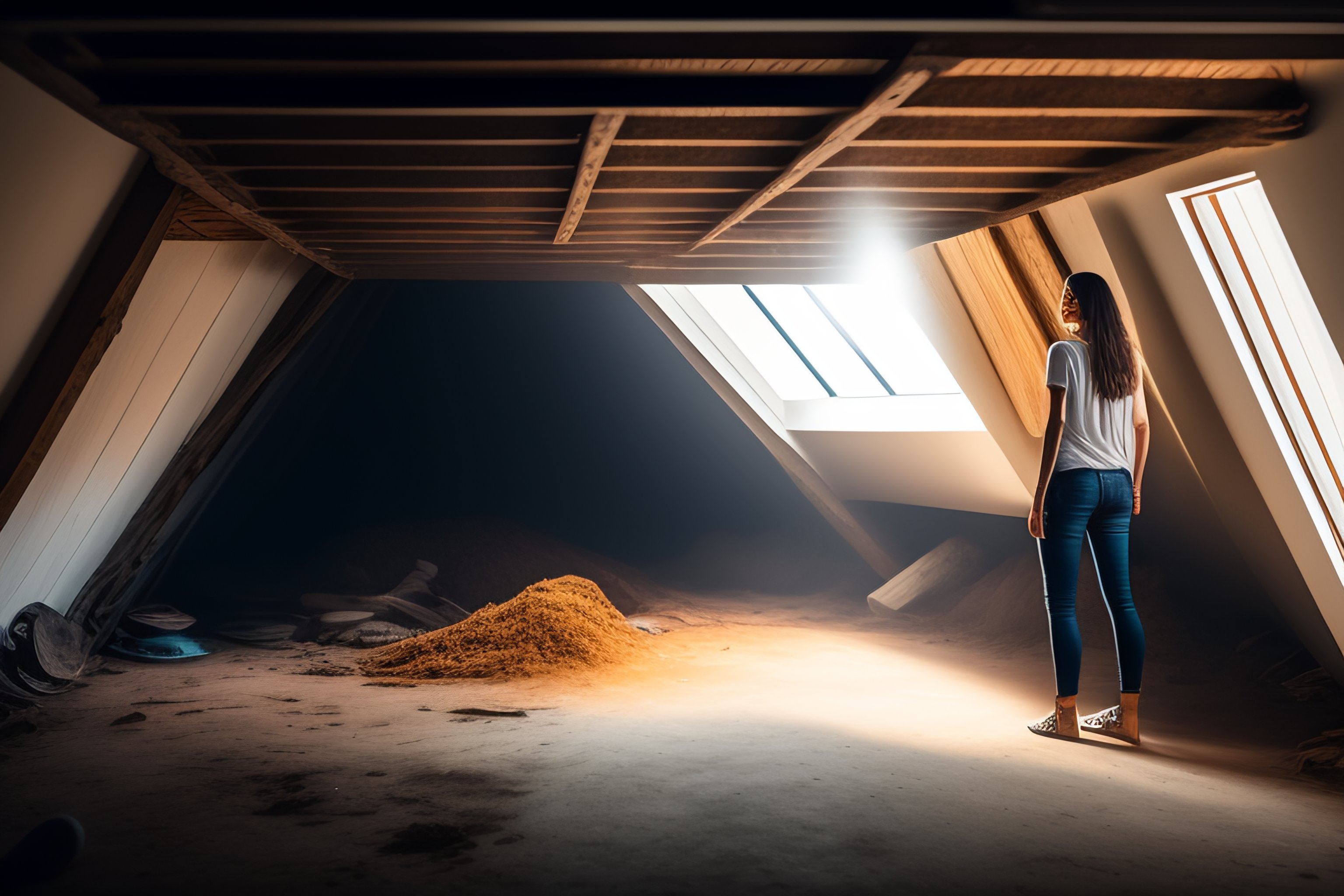 Lexica - Woman with jeans and tshirt standing in a very dirty attic ...