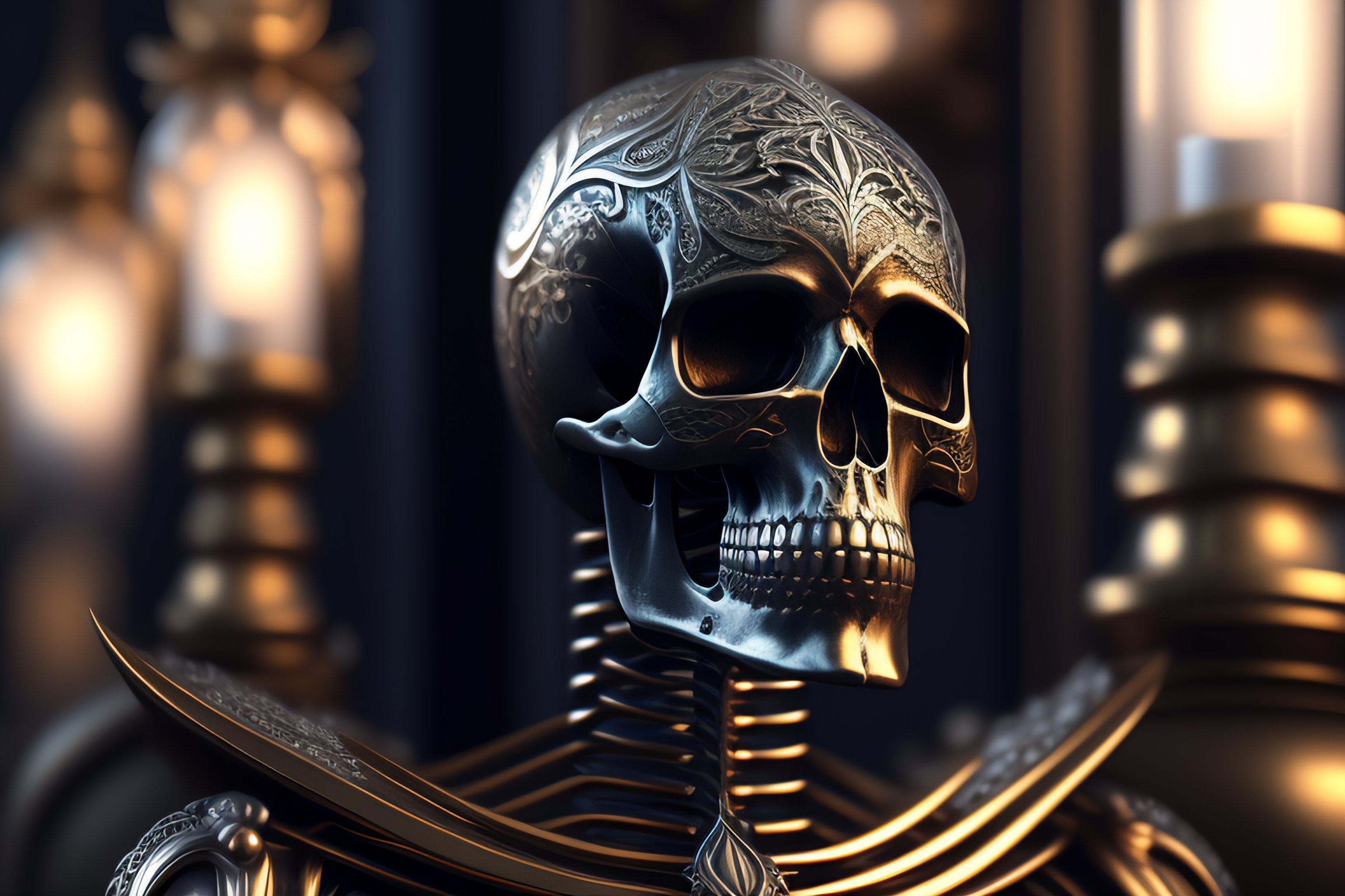 Lexica - A skeleton with intricate silver ornament engravings on the ...