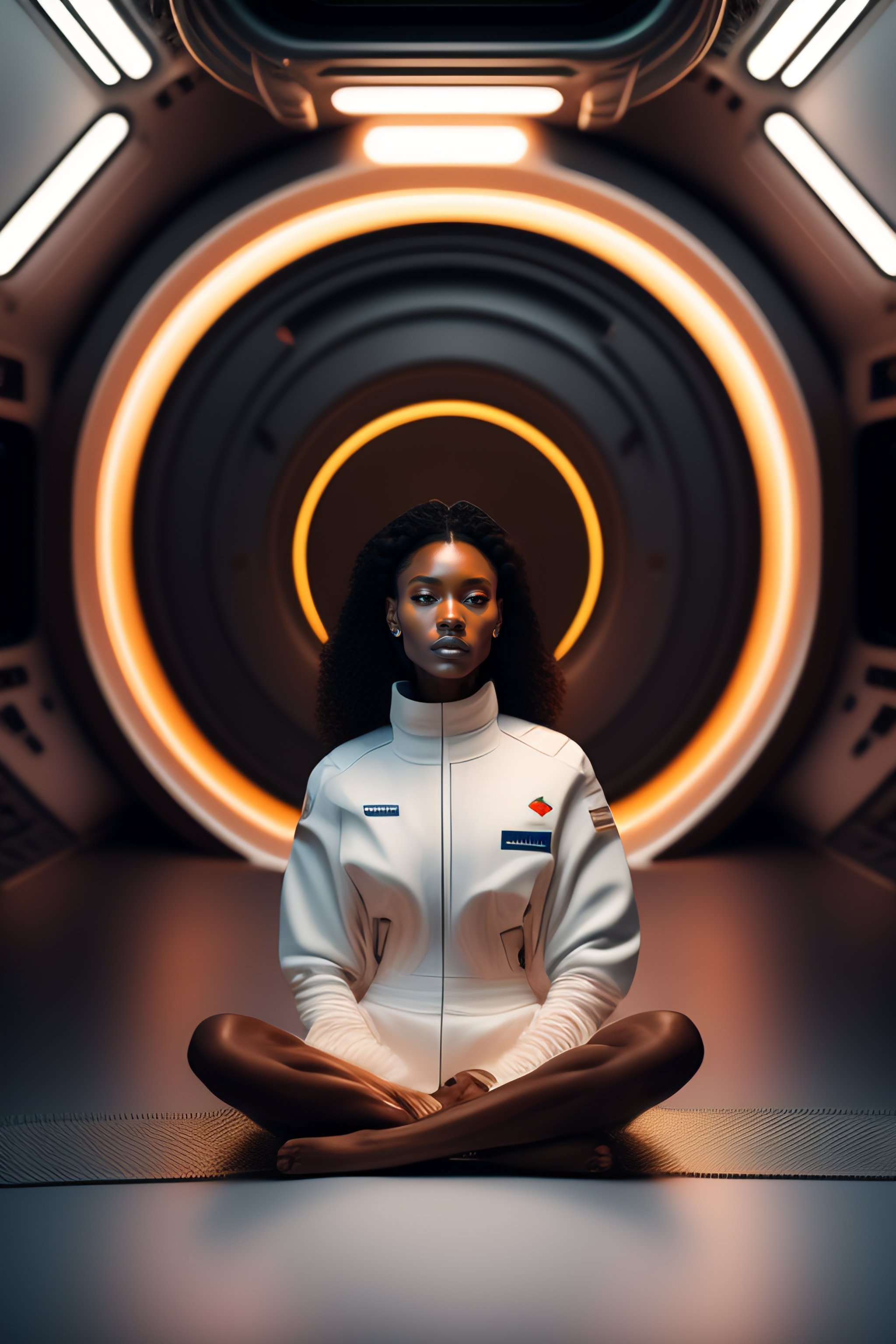 Lexica - Female in a sitting pose trapped in a small space station ...