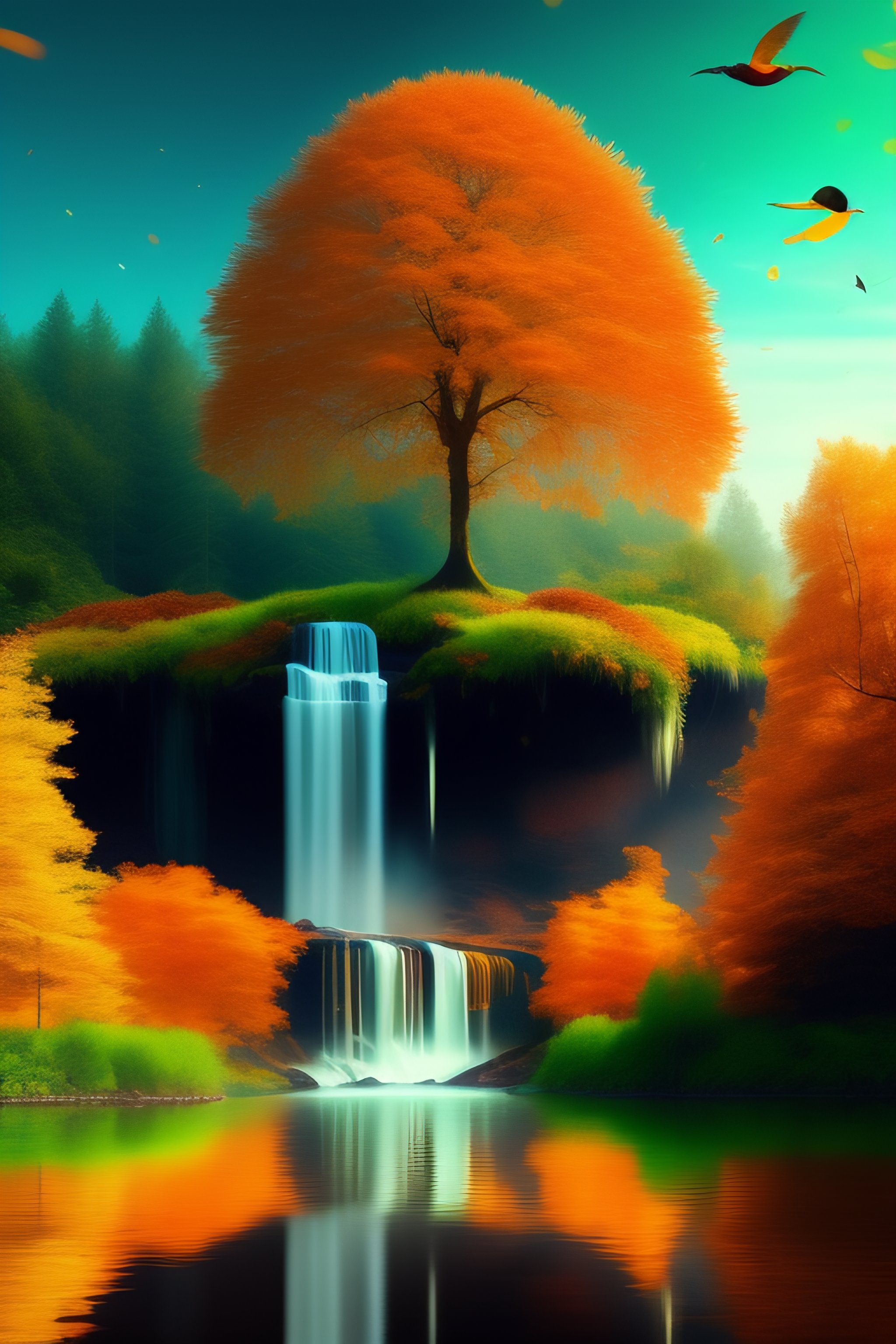 Lexica - Tree with orange and green and yellow leaf , under water fall ...