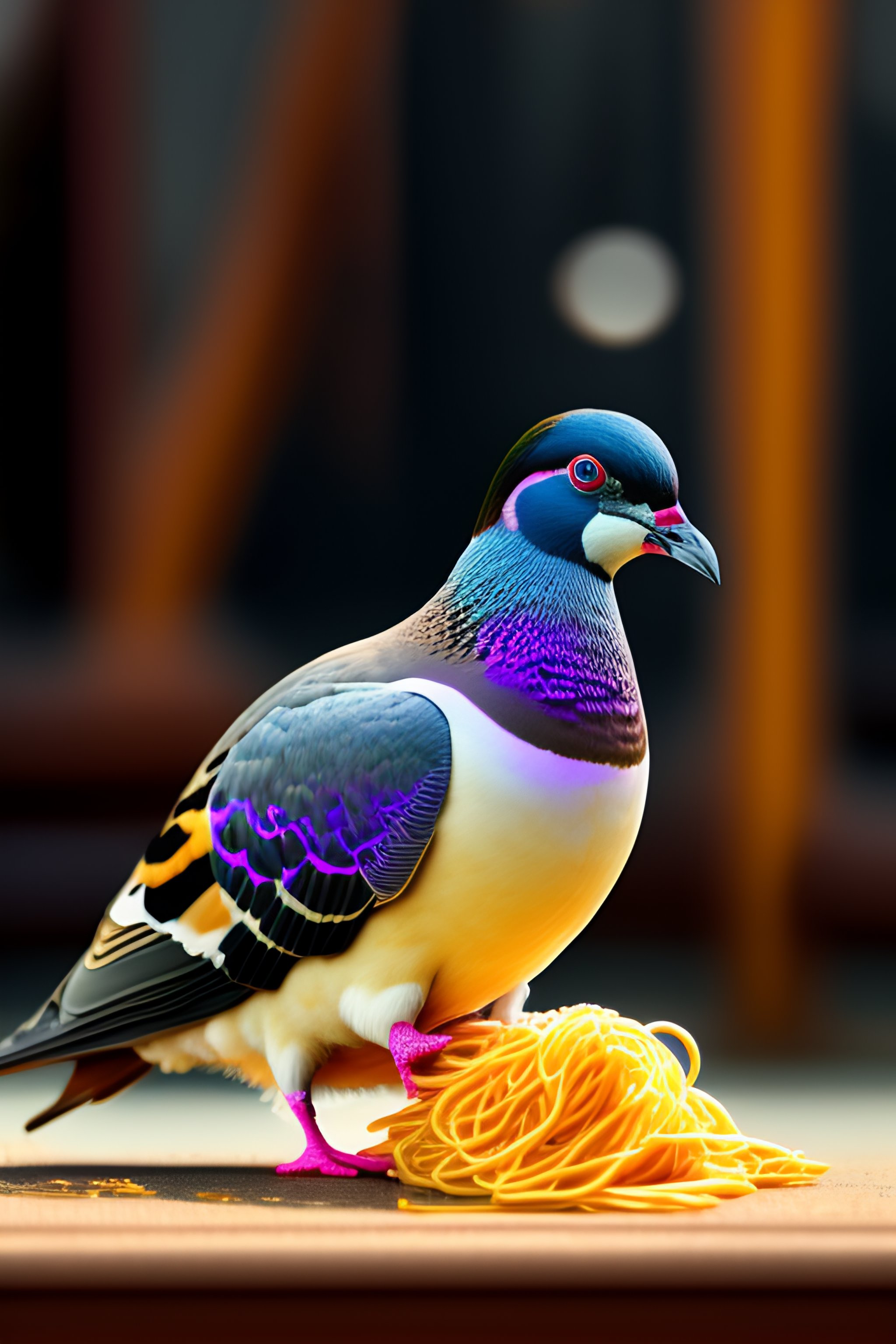 Lexica - A pigeon eats spaghetti in a yard