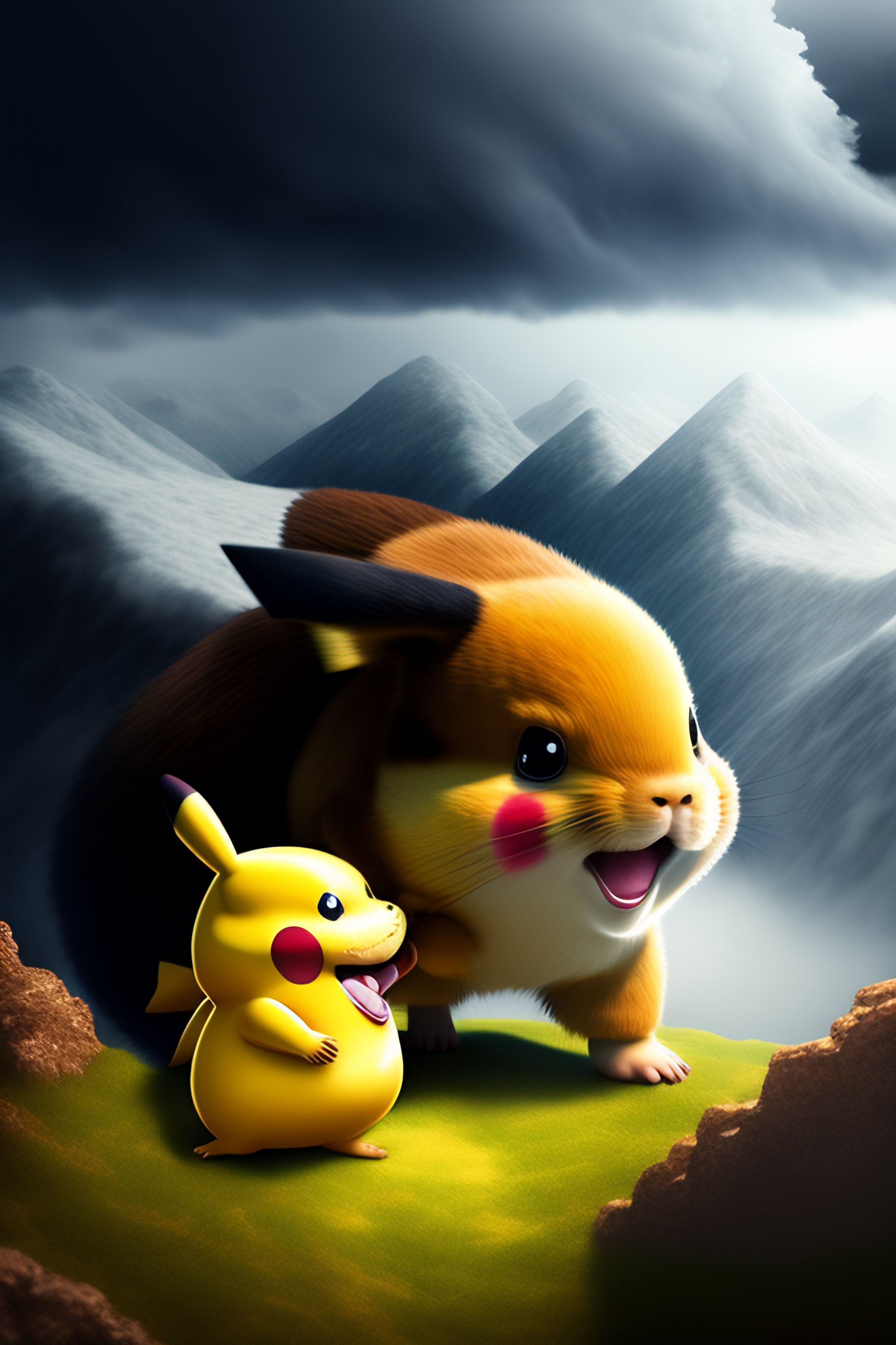 Lexica - Grogu eating pikachu, in a mountain, highly detailed, epic ...