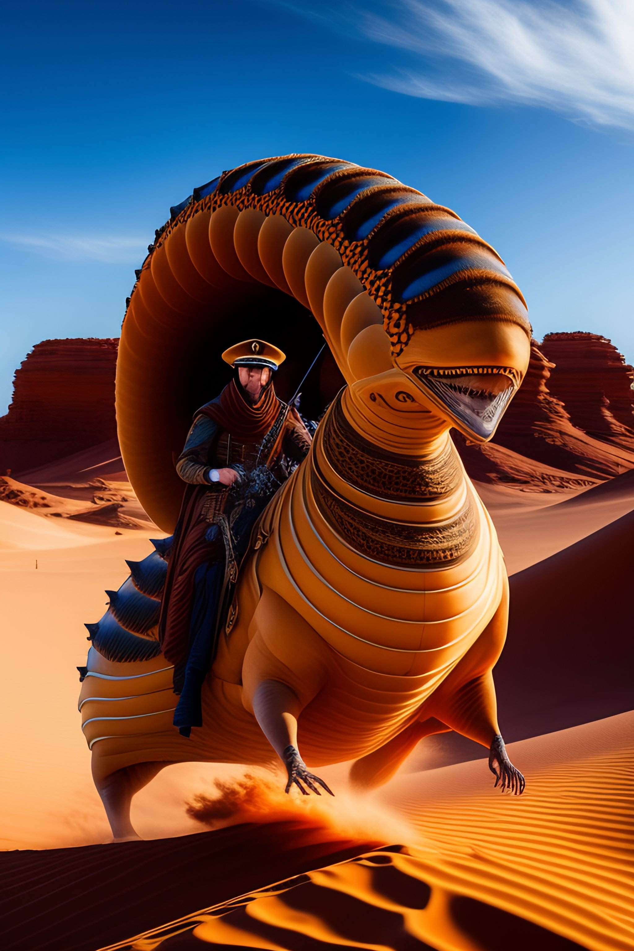 Lexica - Paul atreides riding a sandworm in the impressionist style