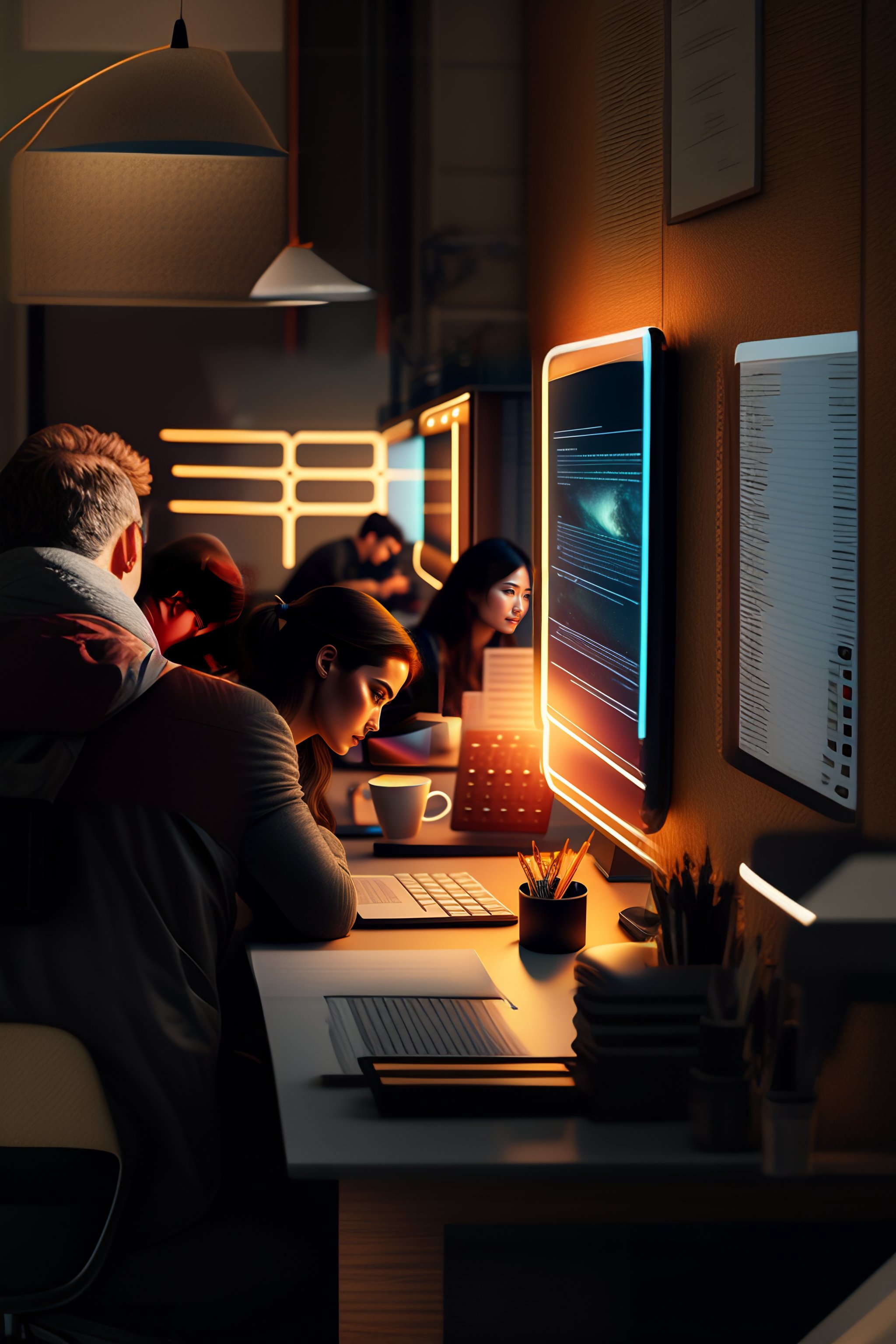 Lexica - People working on office, desks, futuristi neon panel ...