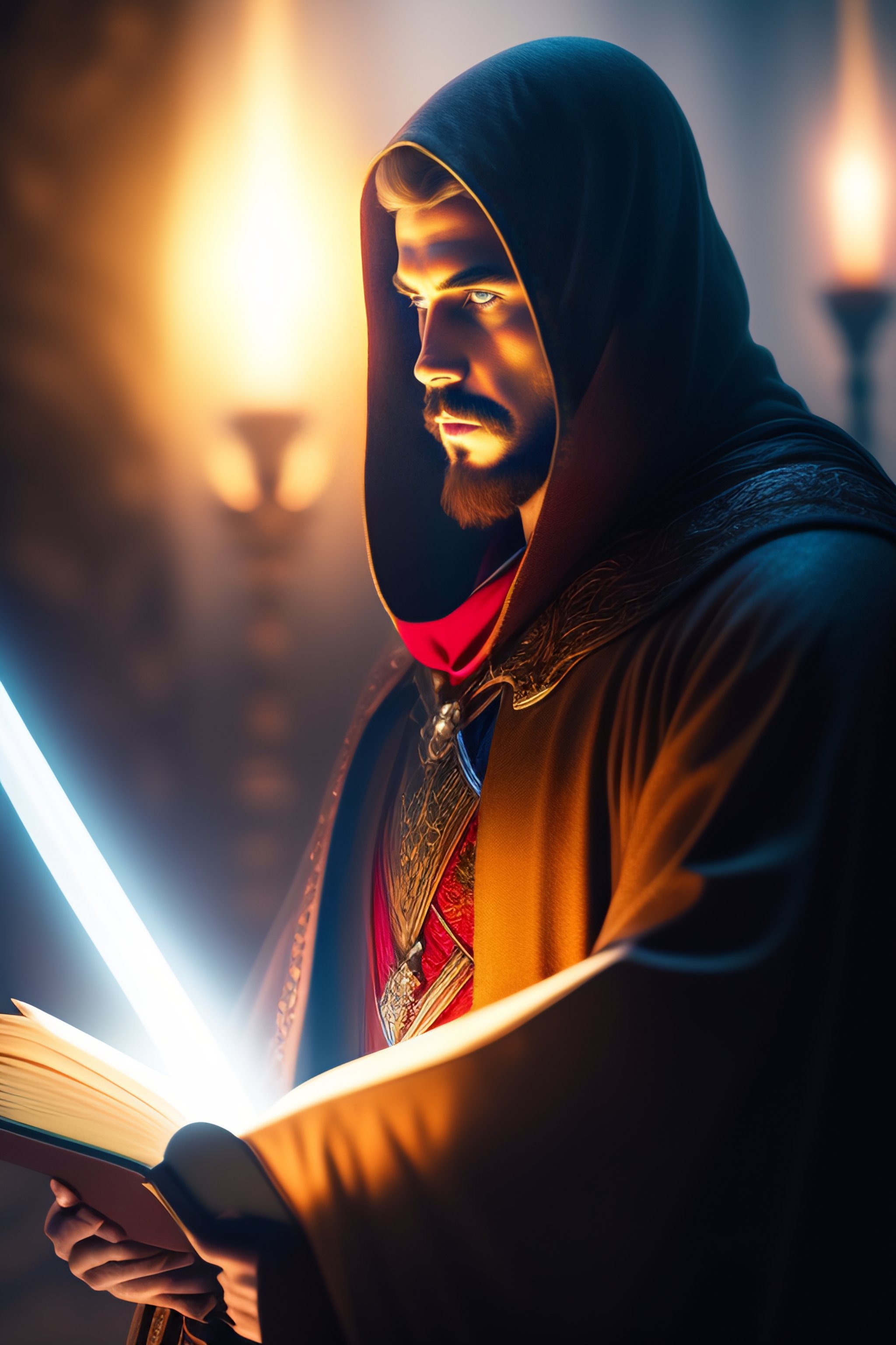 Lexica - Wizard with book in left and sword right hand juts in robe not ...