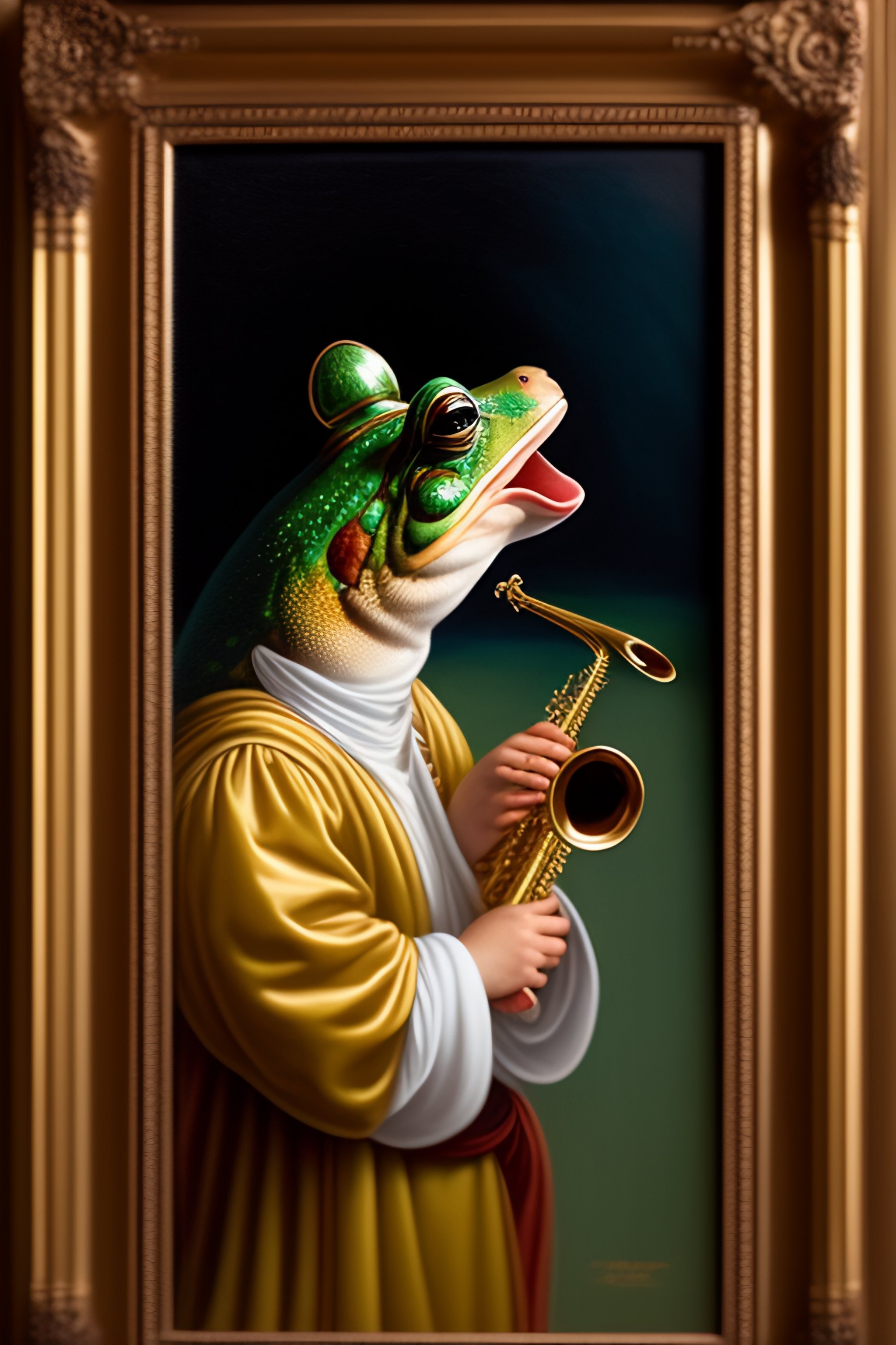 Lexica - A barroco painting of a frog playing the trumpet