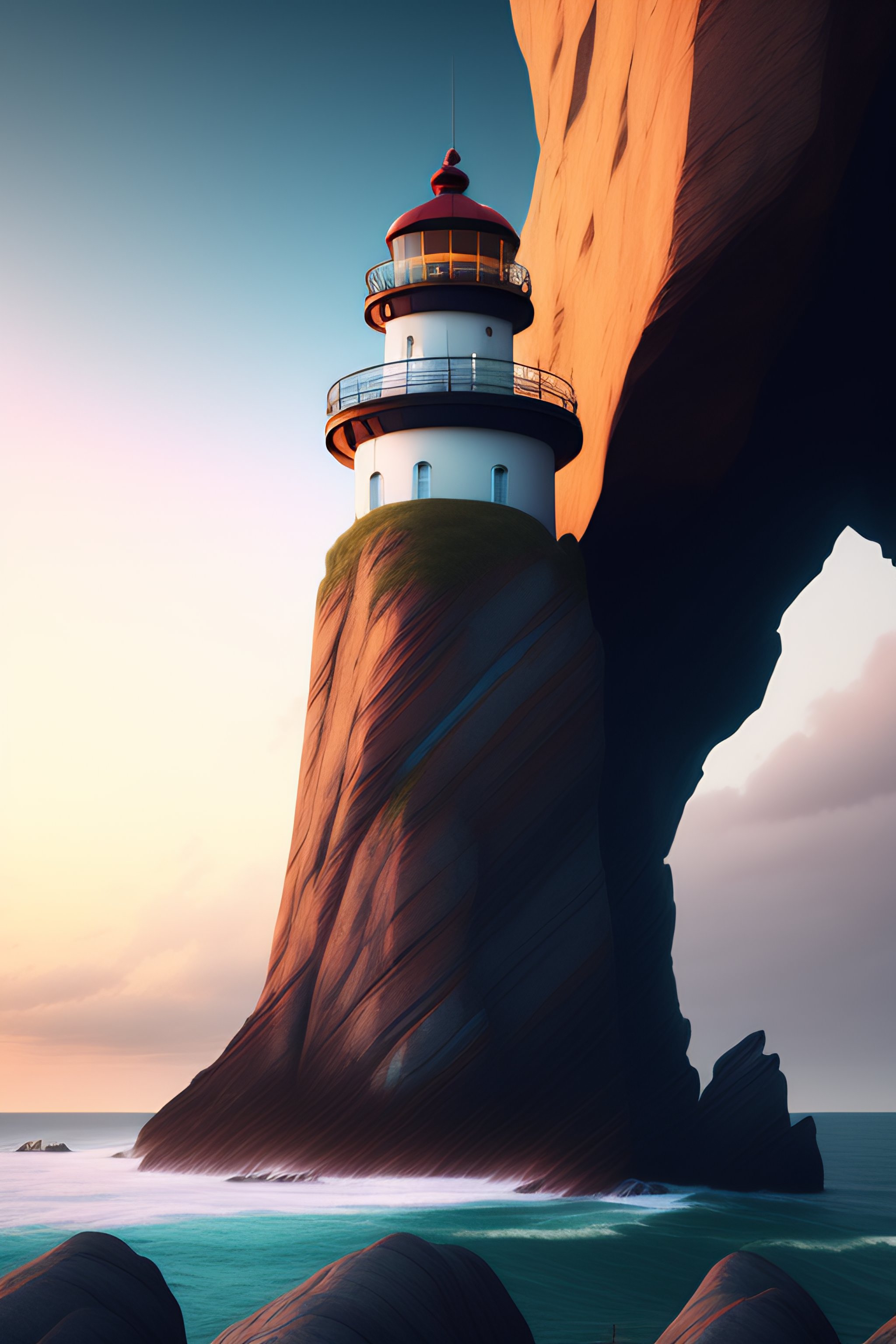 Lexica - Painting lighthouse on the edge of a cliff overseeing a vast ...