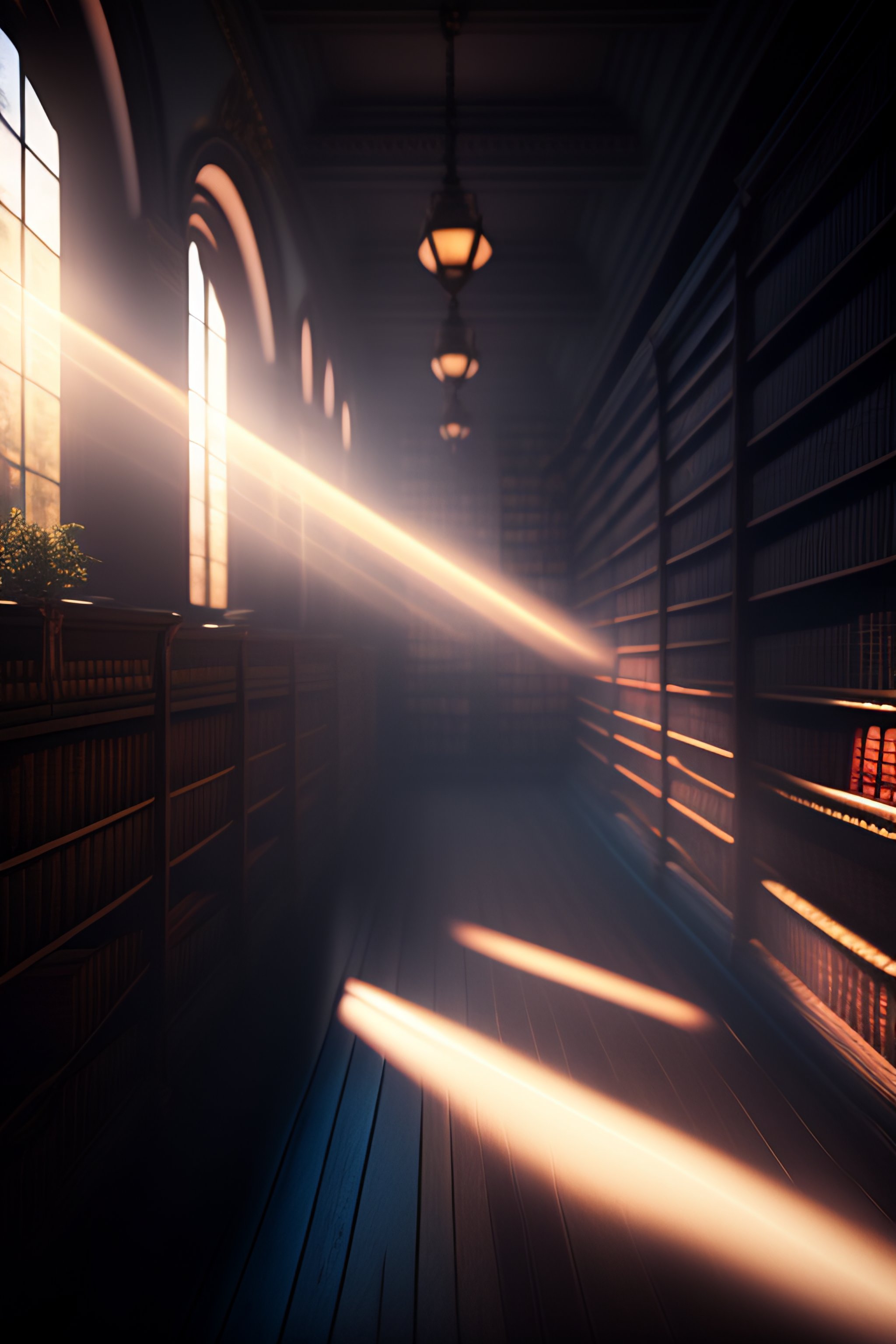 Lexica - A movie still image of an old dusty library, shafts of light ...