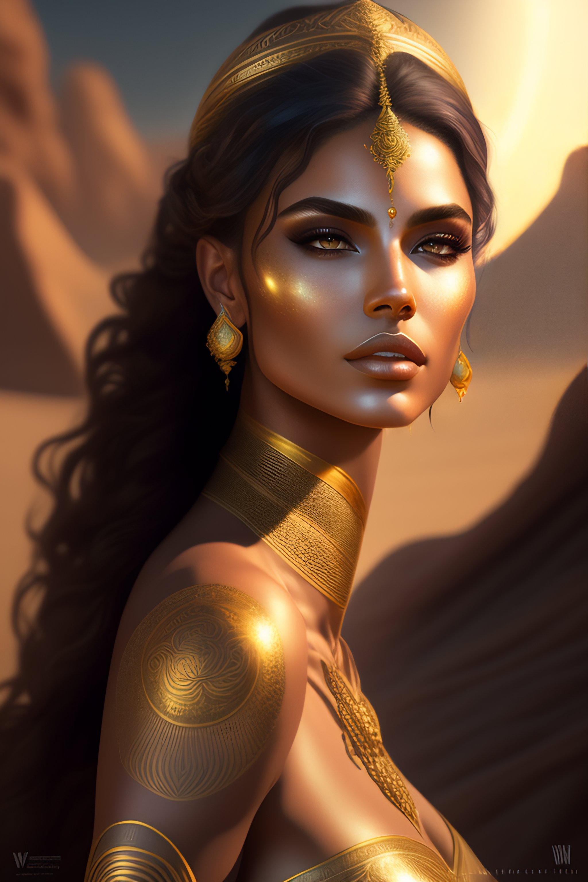 Lexica - A beautiful cinematic female sand goddess, glow golden tatto ...
