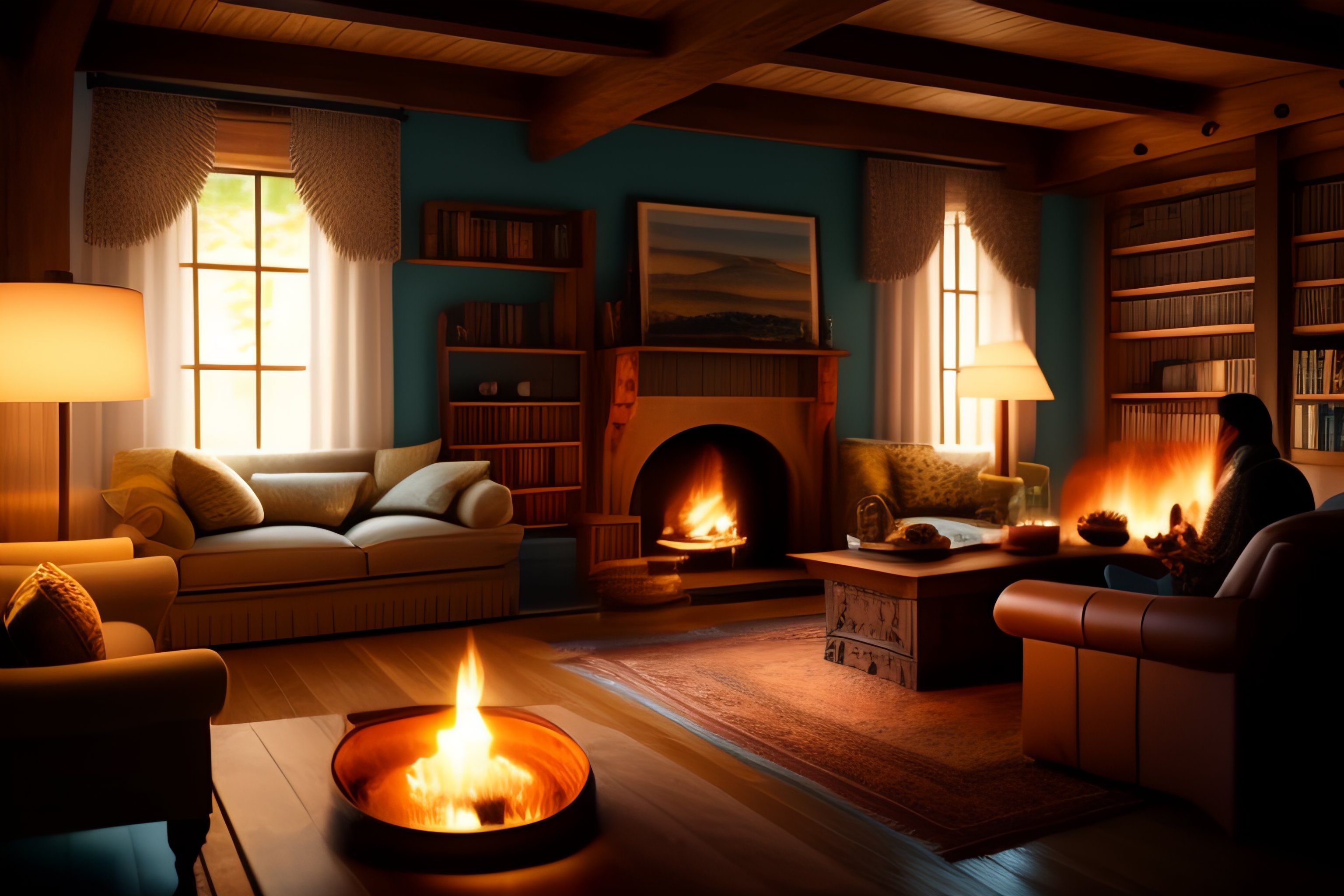 Lexica - A cozy room with a fireplace, books, warm lighting, wood ...