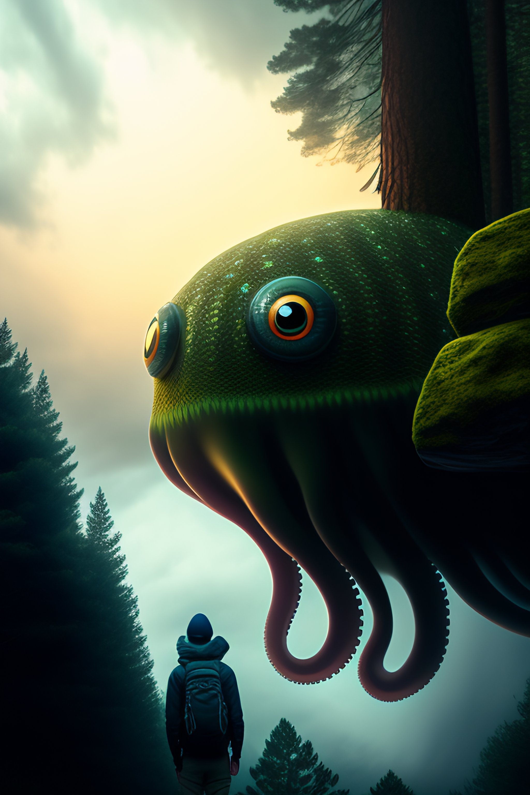 Lexica - A monster octopus creature eye looking down in the stormy sky ...