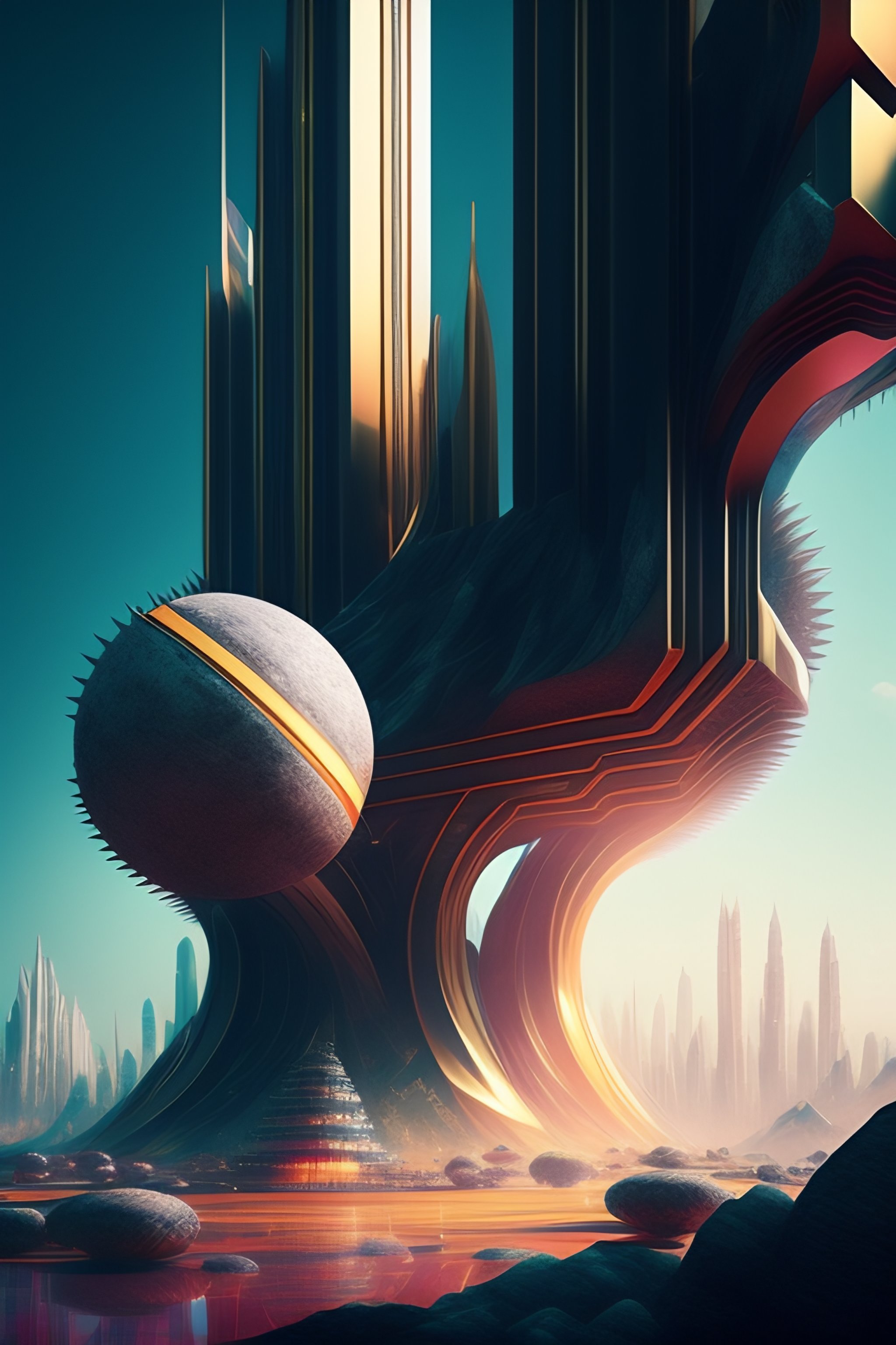 Lexica - A giant spiky marble in the middle of a futuristic city, vibrant