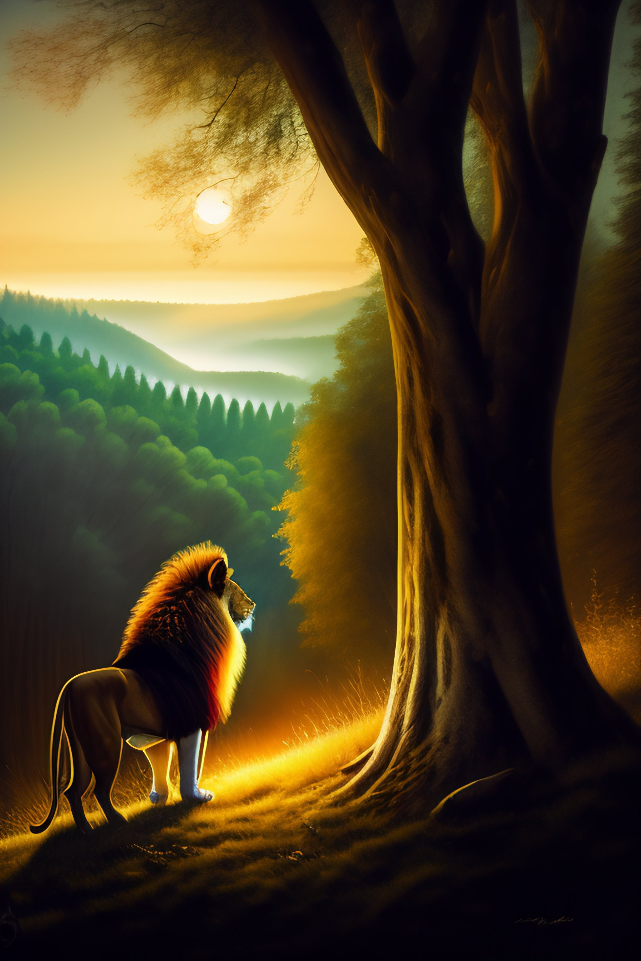 Lexica - Lion man and lycan on the hill, woods, night, fullmoon, realism