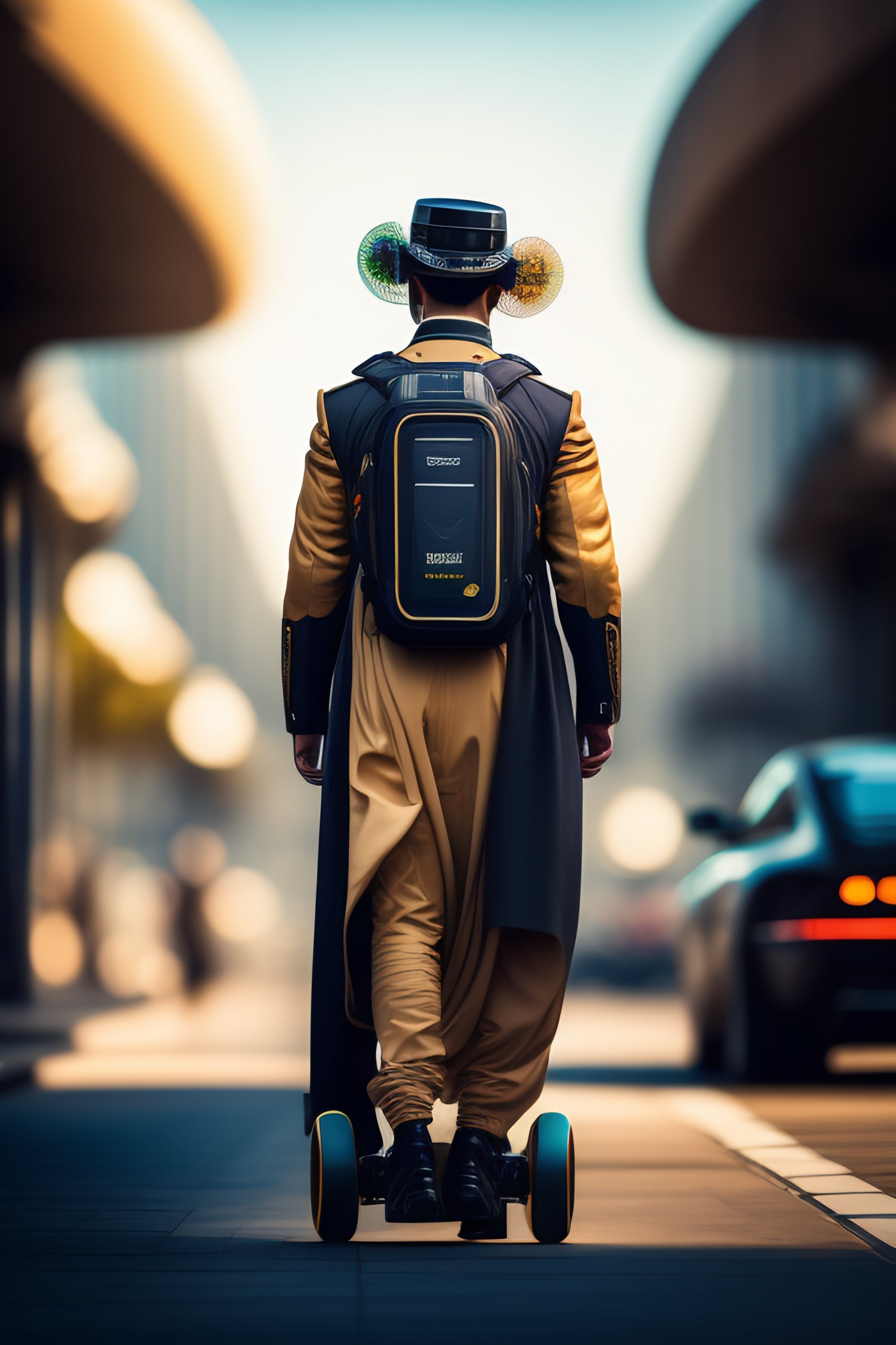 Lexica - Man dress in solarpunk attire commuting on a flying hoverboard ...