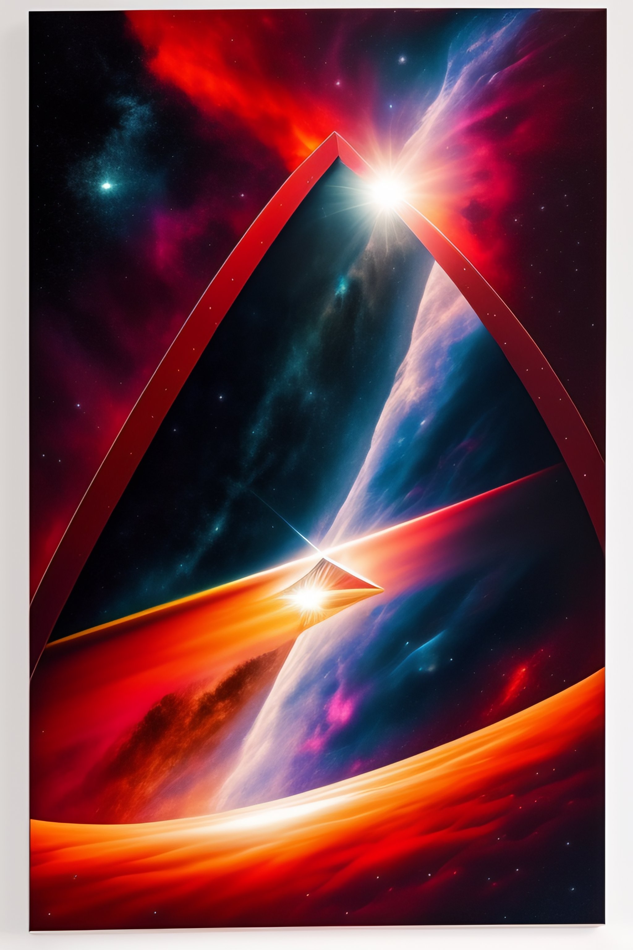Lexica - Metallic red triangular prism artifact floating in space with ...