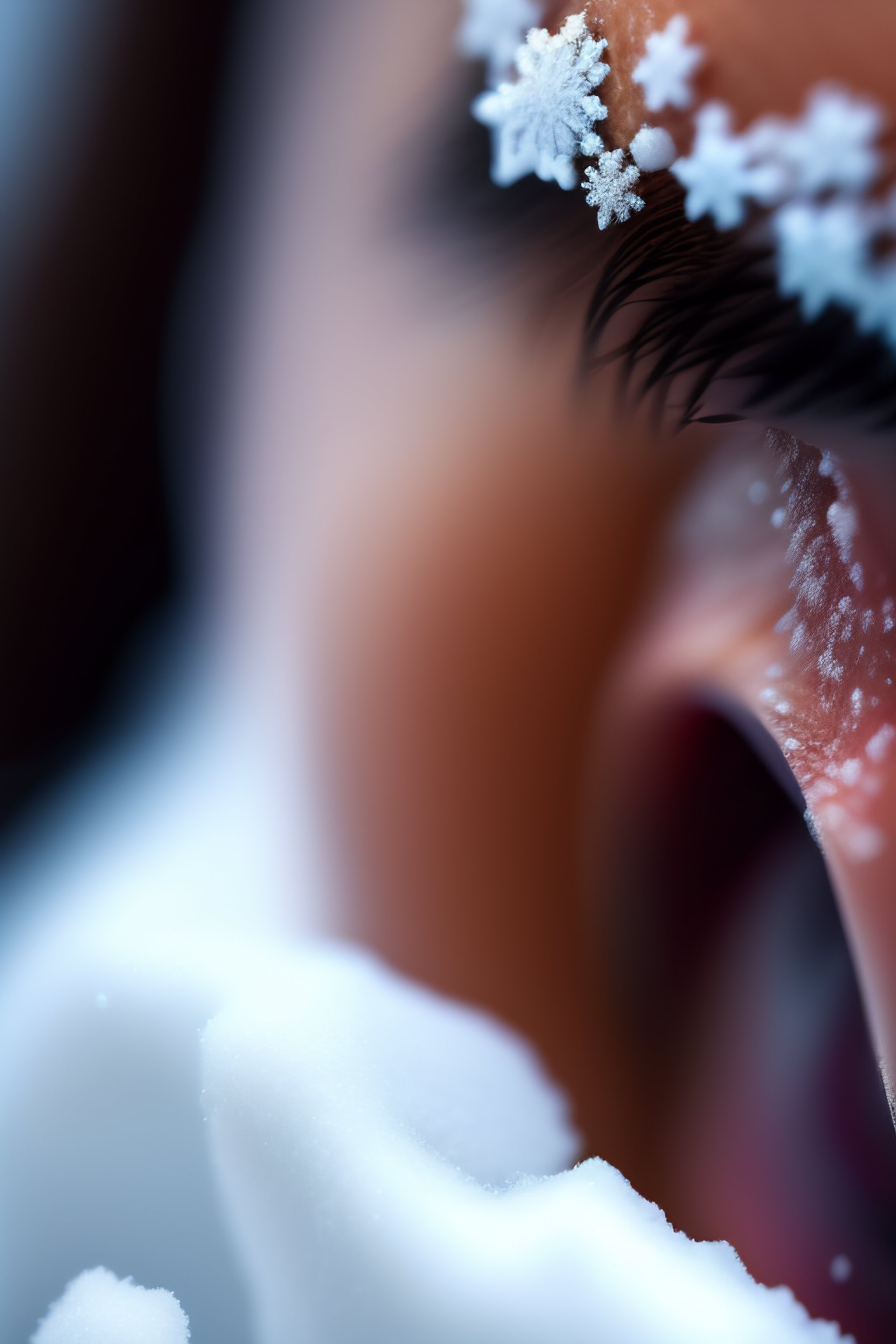 Lexica - Close up of a person wearing glasses snow flakes on nose and ...