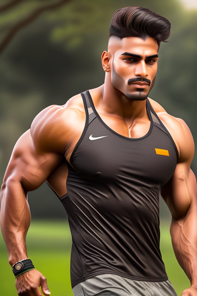 Lexica - A muscular Indian man, wearing black T-shirt, walking on park ...