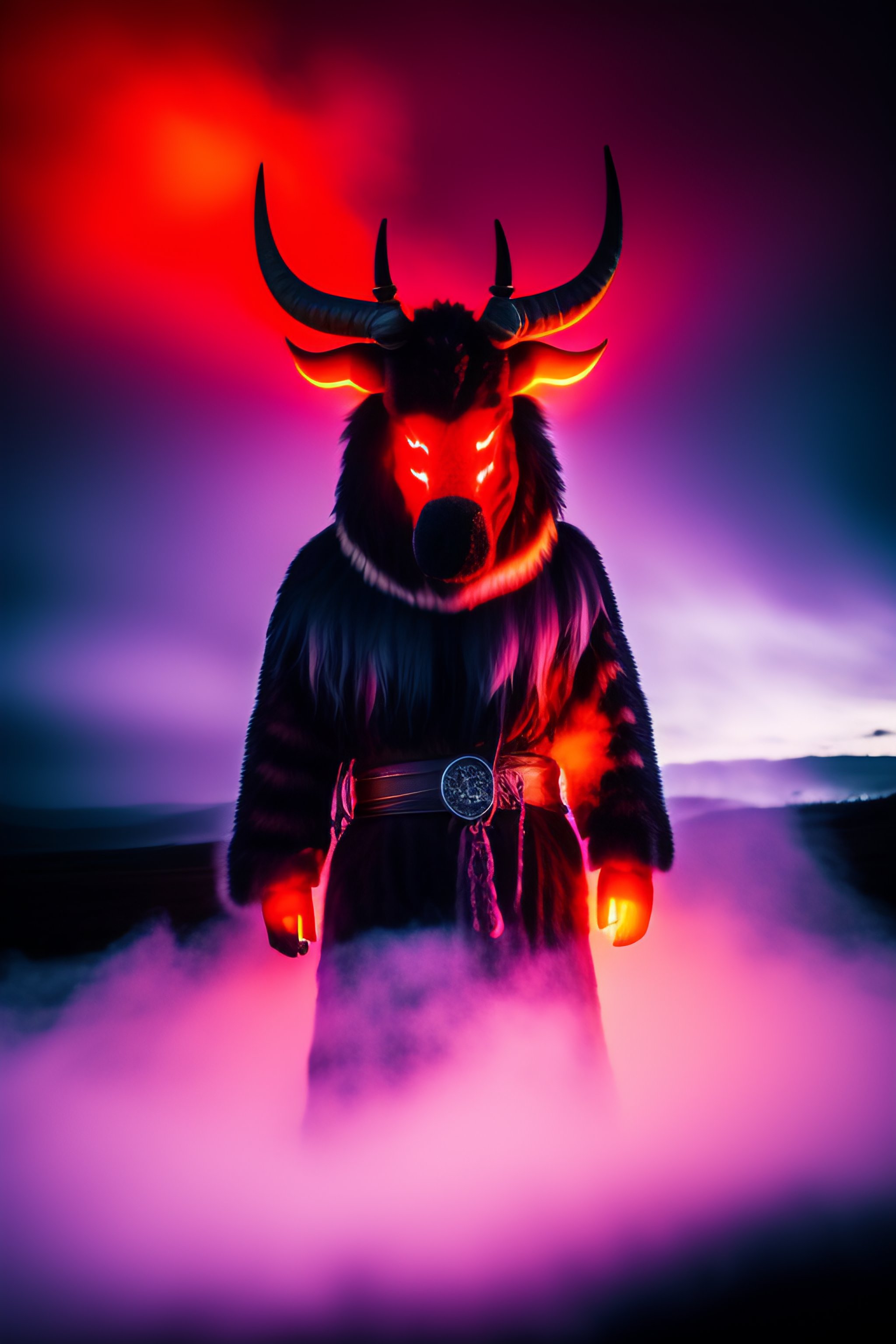 Lexica - Extreme wide angle long shot of a scary horned mysterious man ...