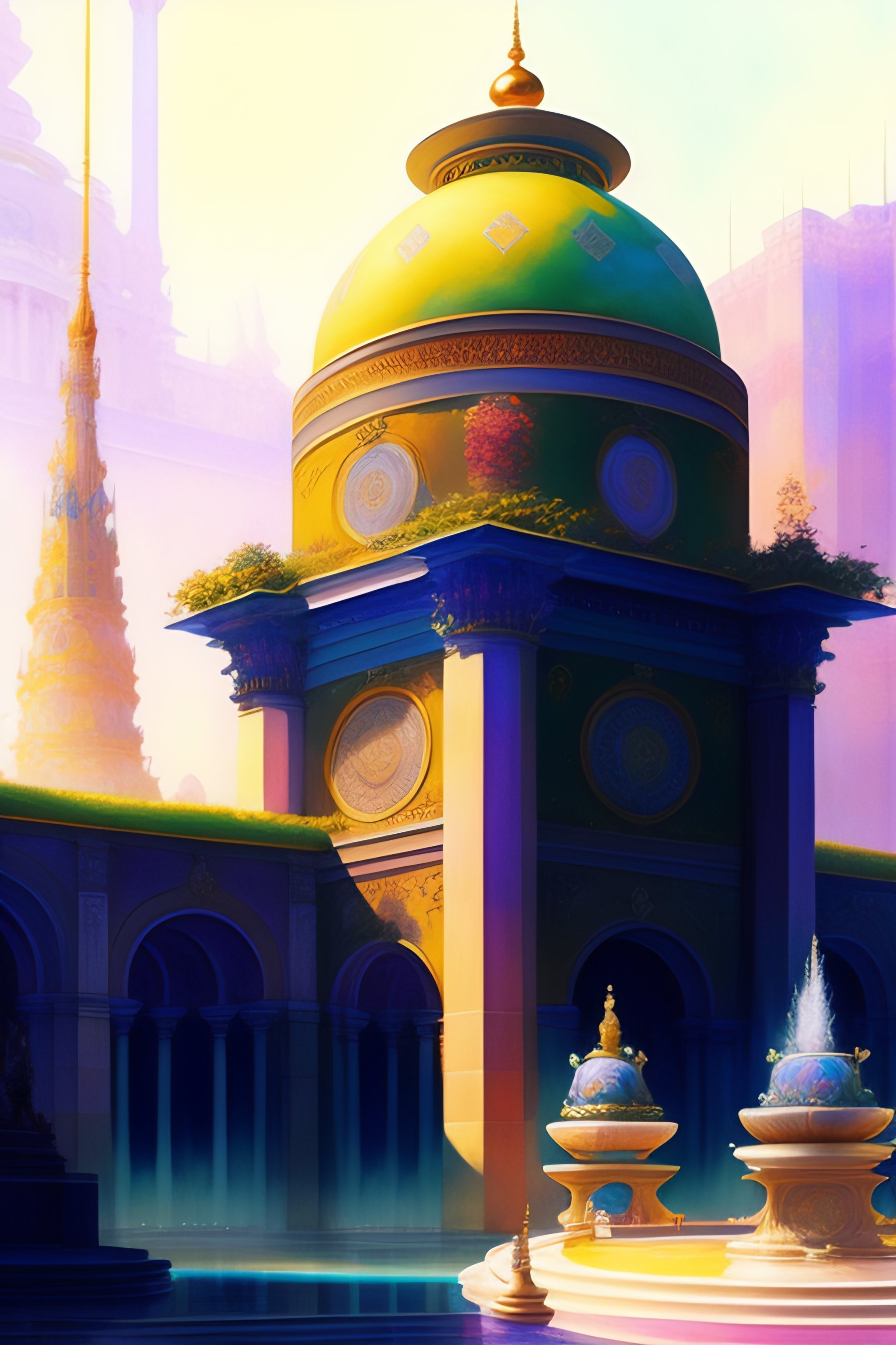 Lexica - A neoclassical tower with dome on a fantasy city next to a ...