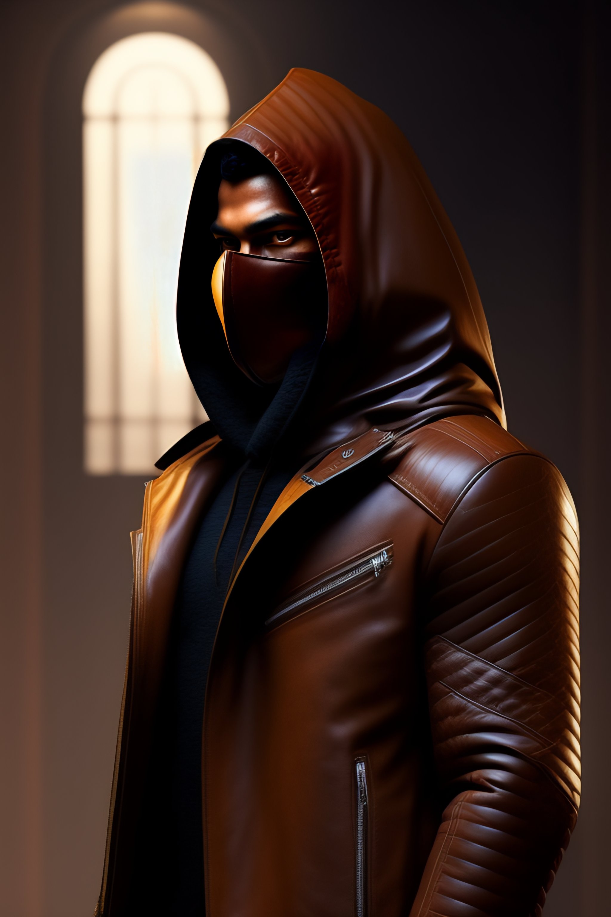 Lexica - An humanoid with a dirty old brown leather hooded jacket, a ...