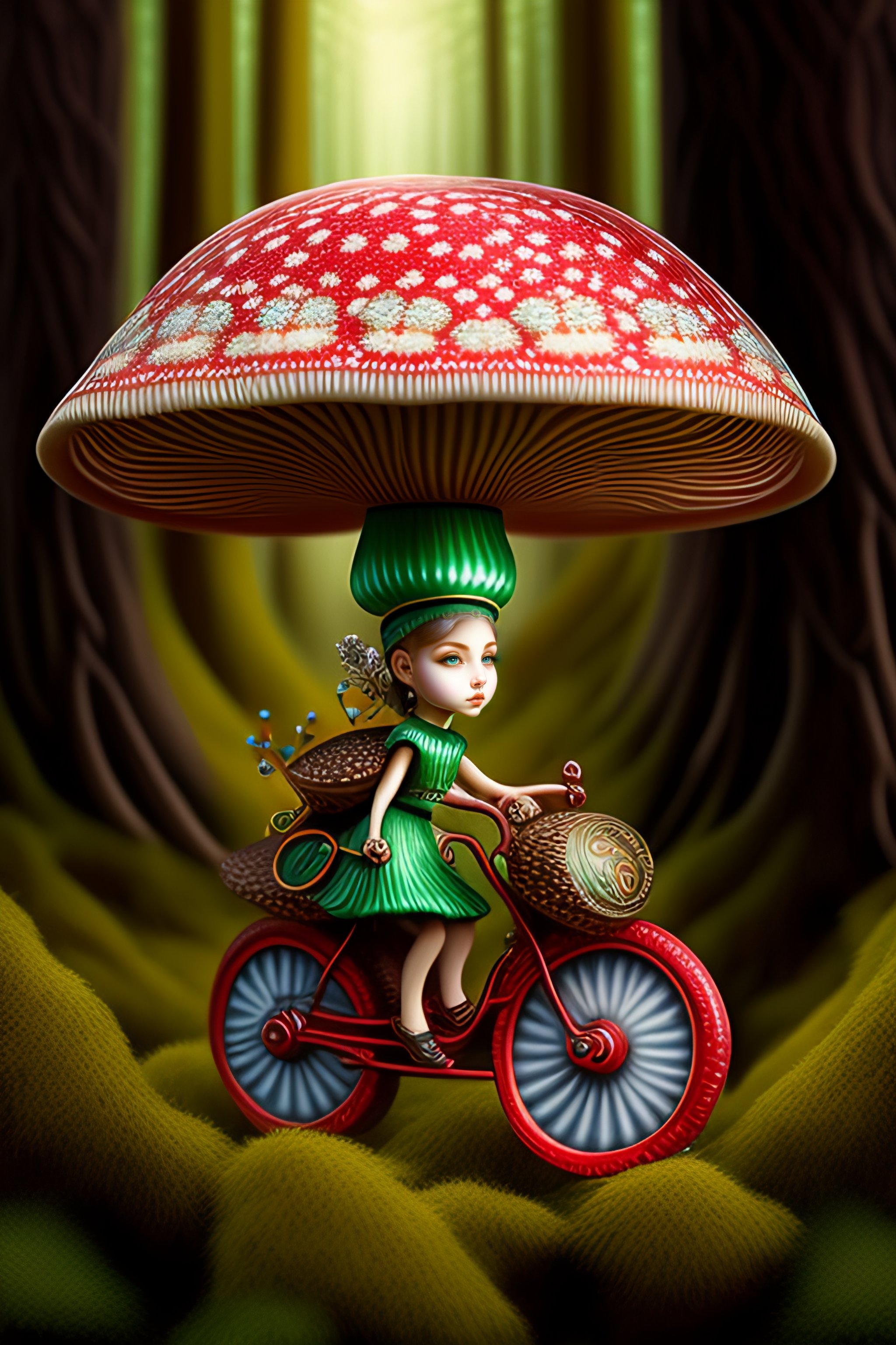 Lexica - Intricate detailed mushroom elf riding bicycle in a dark ...