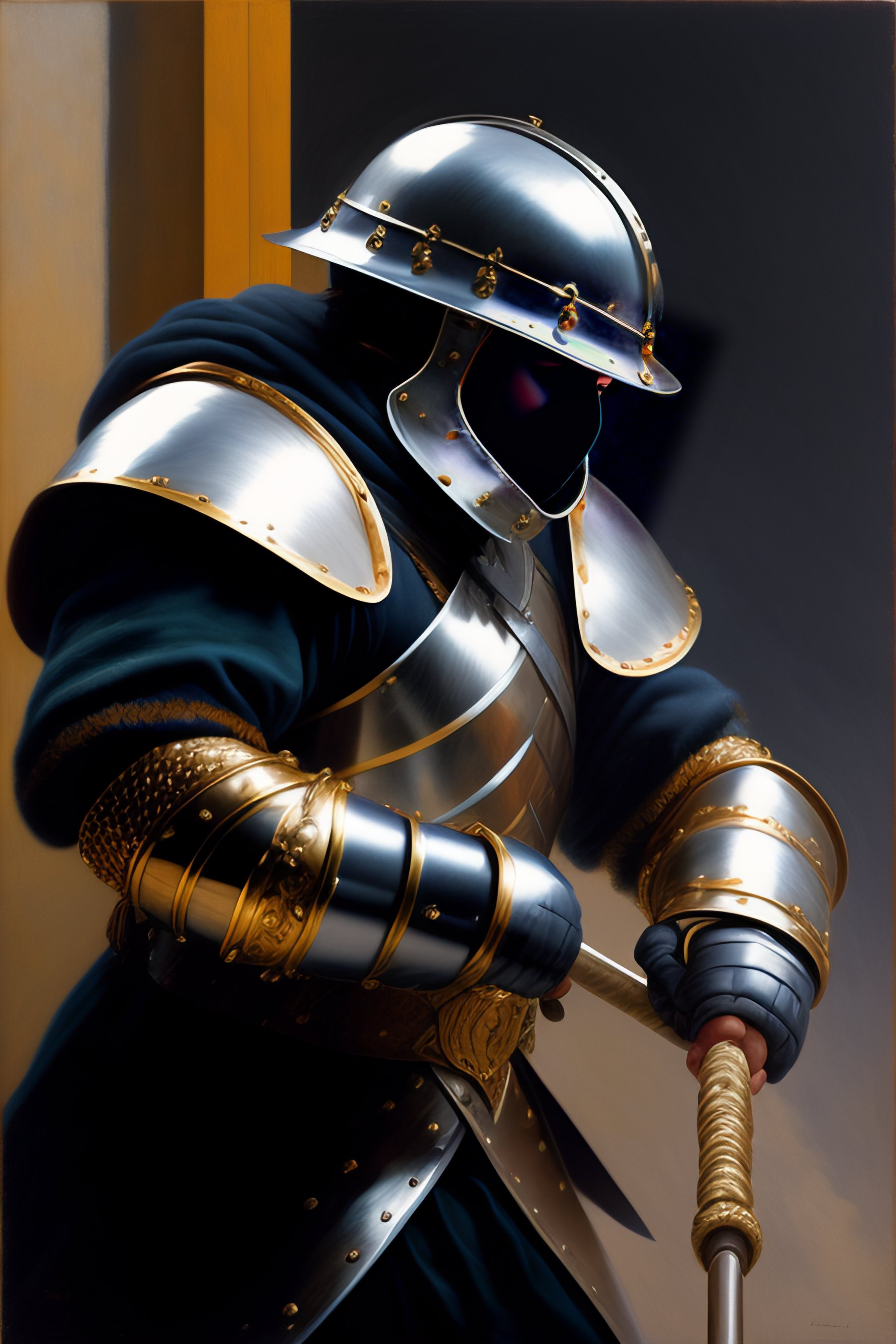 Lexica - Action shot of a man in dark grey banded mail armour, weilding ...