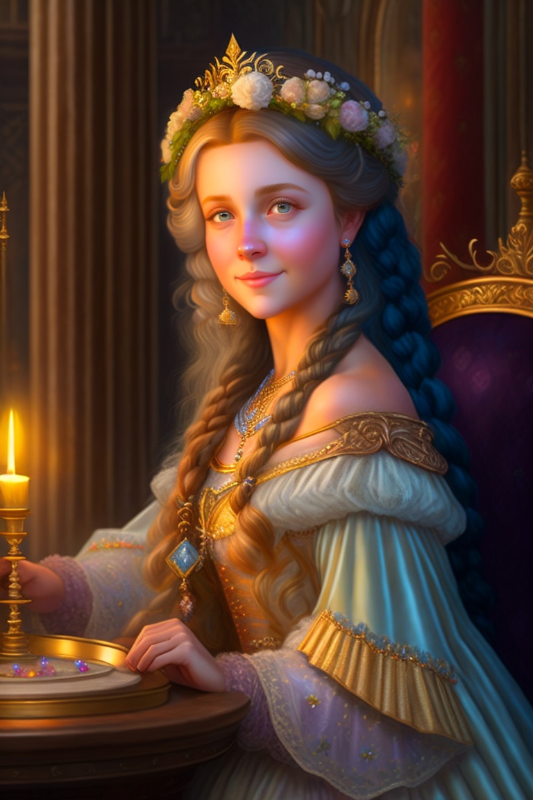 Lexica - A medieval princess, pearls, gold chains, flower crown, ornate ...