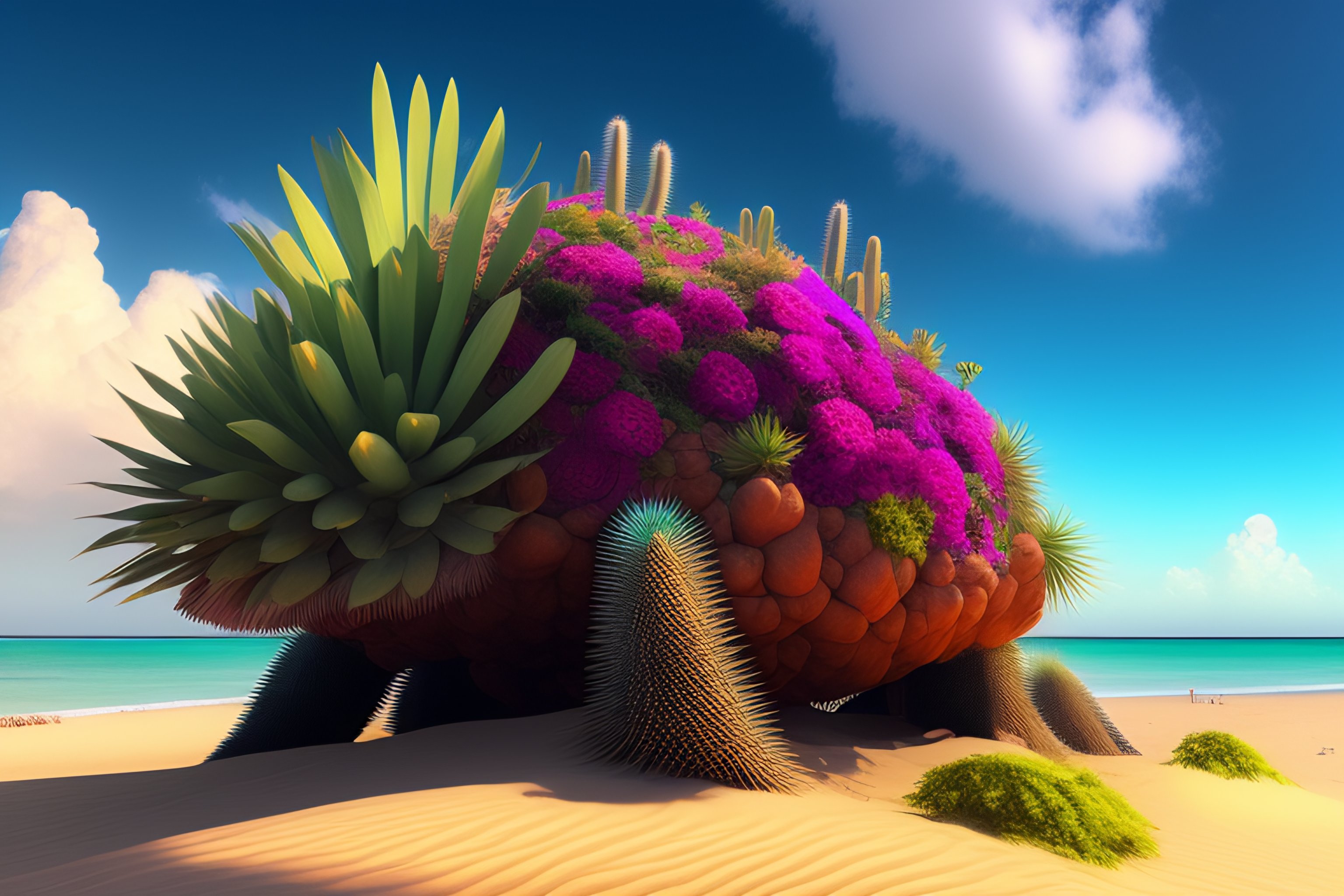 Lexica - Giant spiky cactus monster creature on tropical beach sand ...
