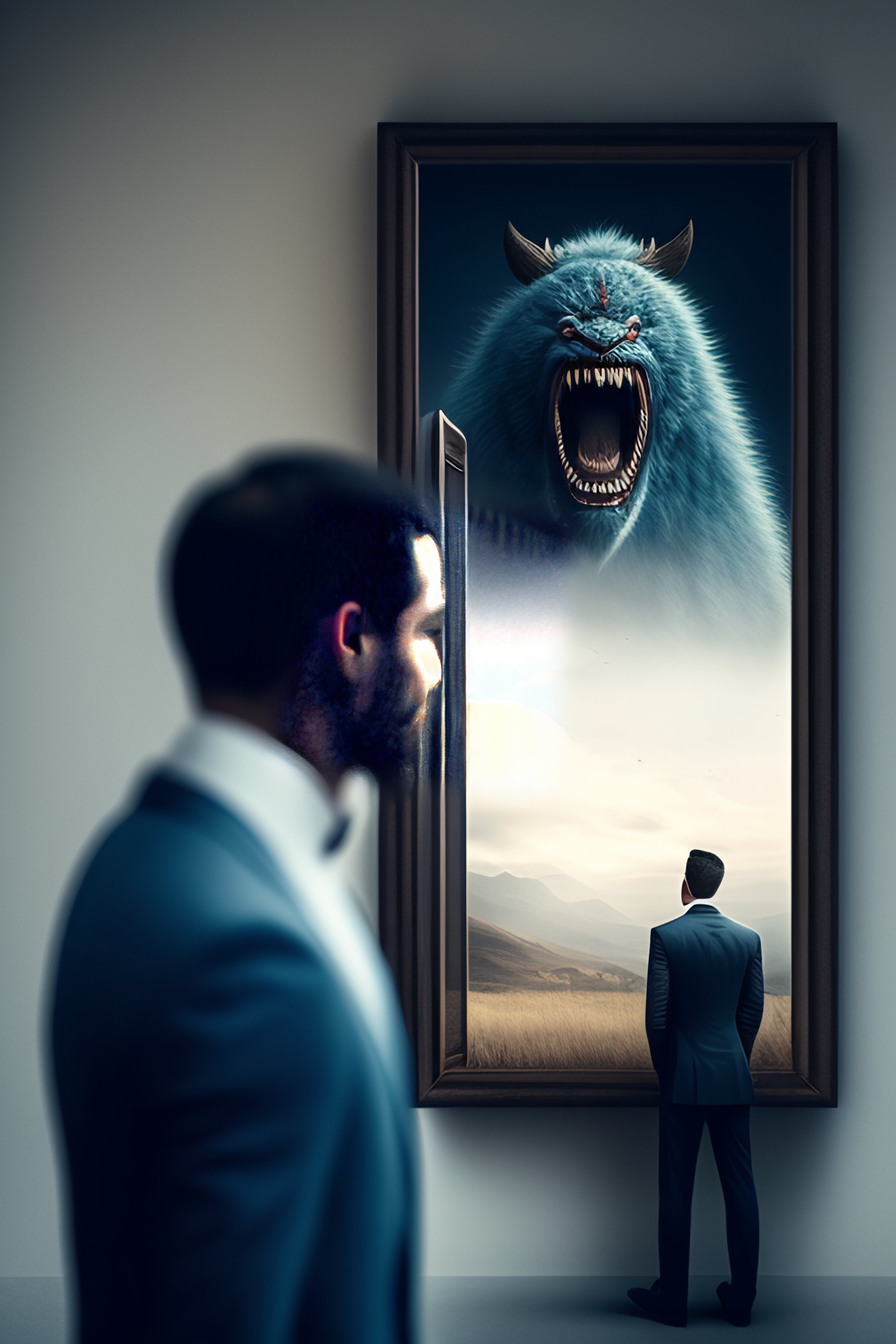 Lexica - Man looking in mirror and seeing a monster reflection