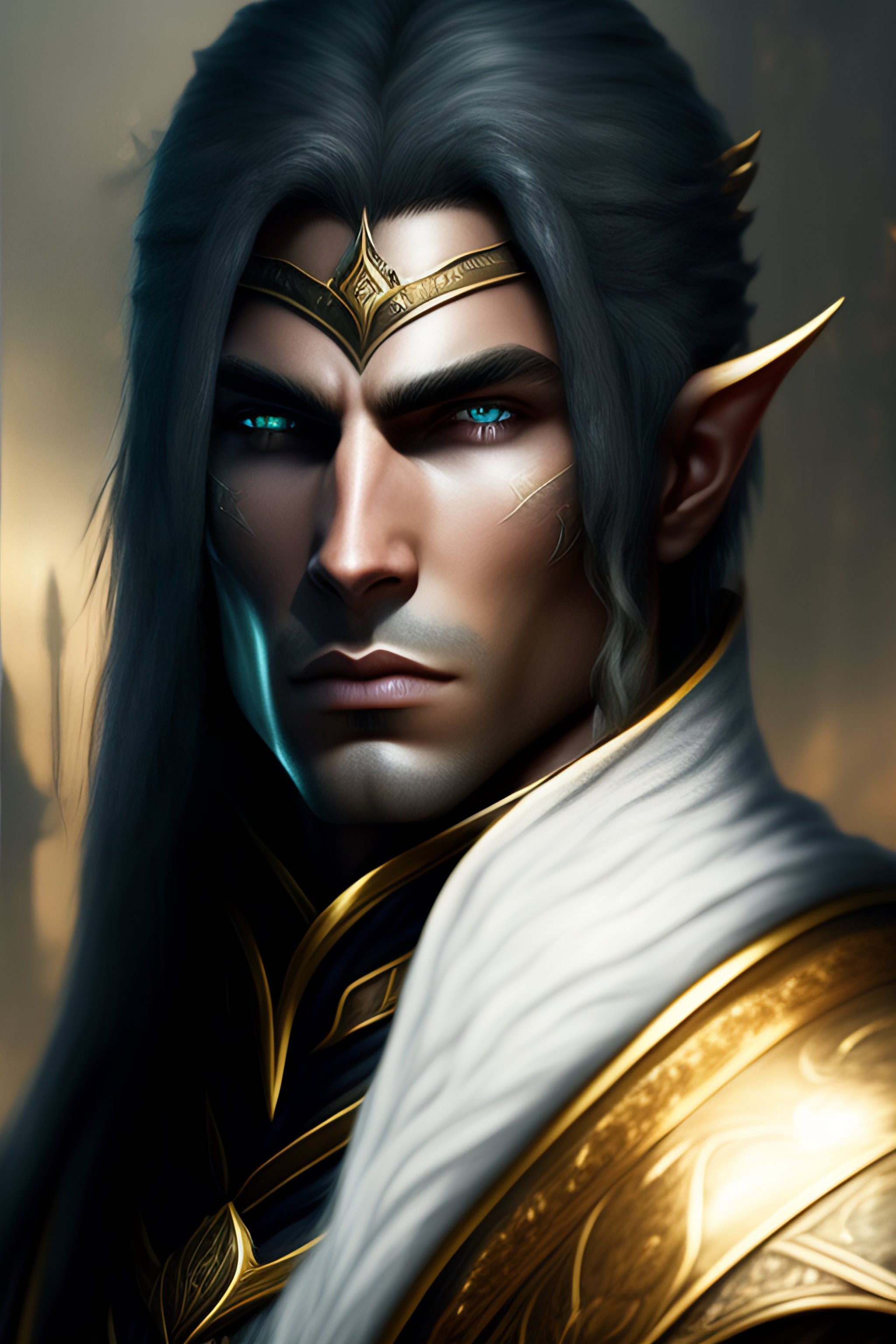 Lexica - Elf male rogue, white eyes, hd, black robe, white skin, gold hair