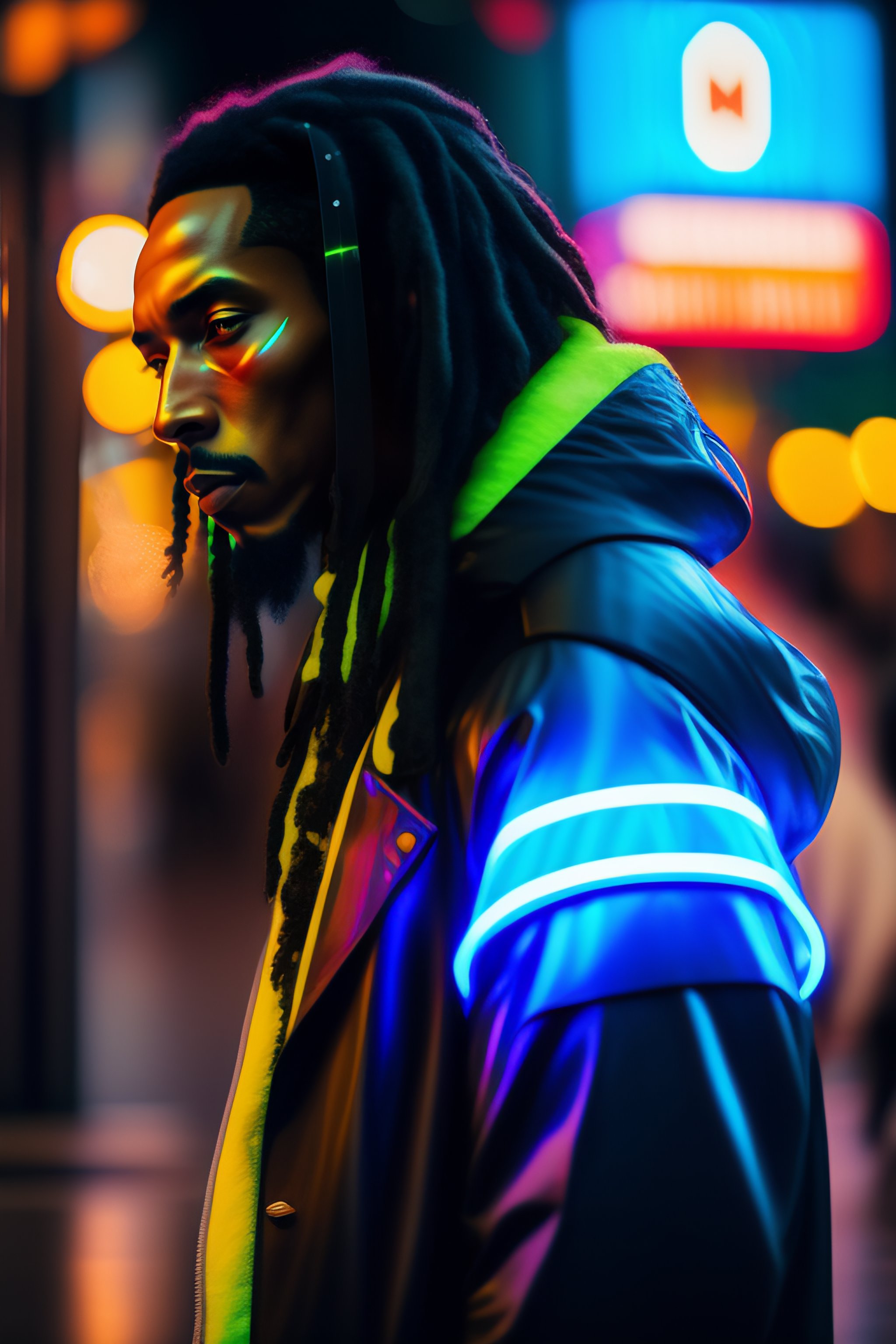 Lexica - Slow shutter speed photo of a cyberpunk bob marley with neon ...