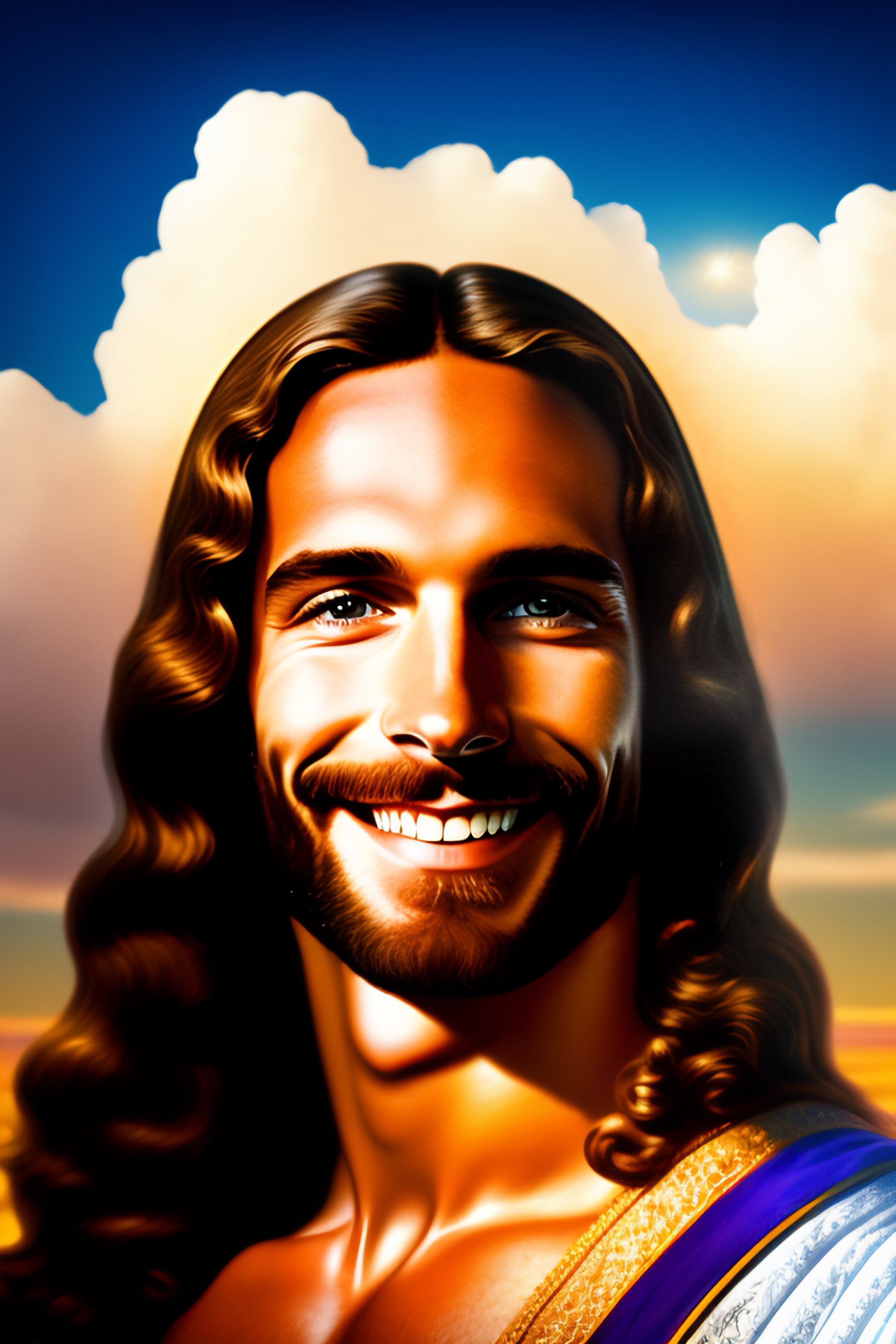 Lexica - Jesus christ smiling and showing thumbs up, background clouds
