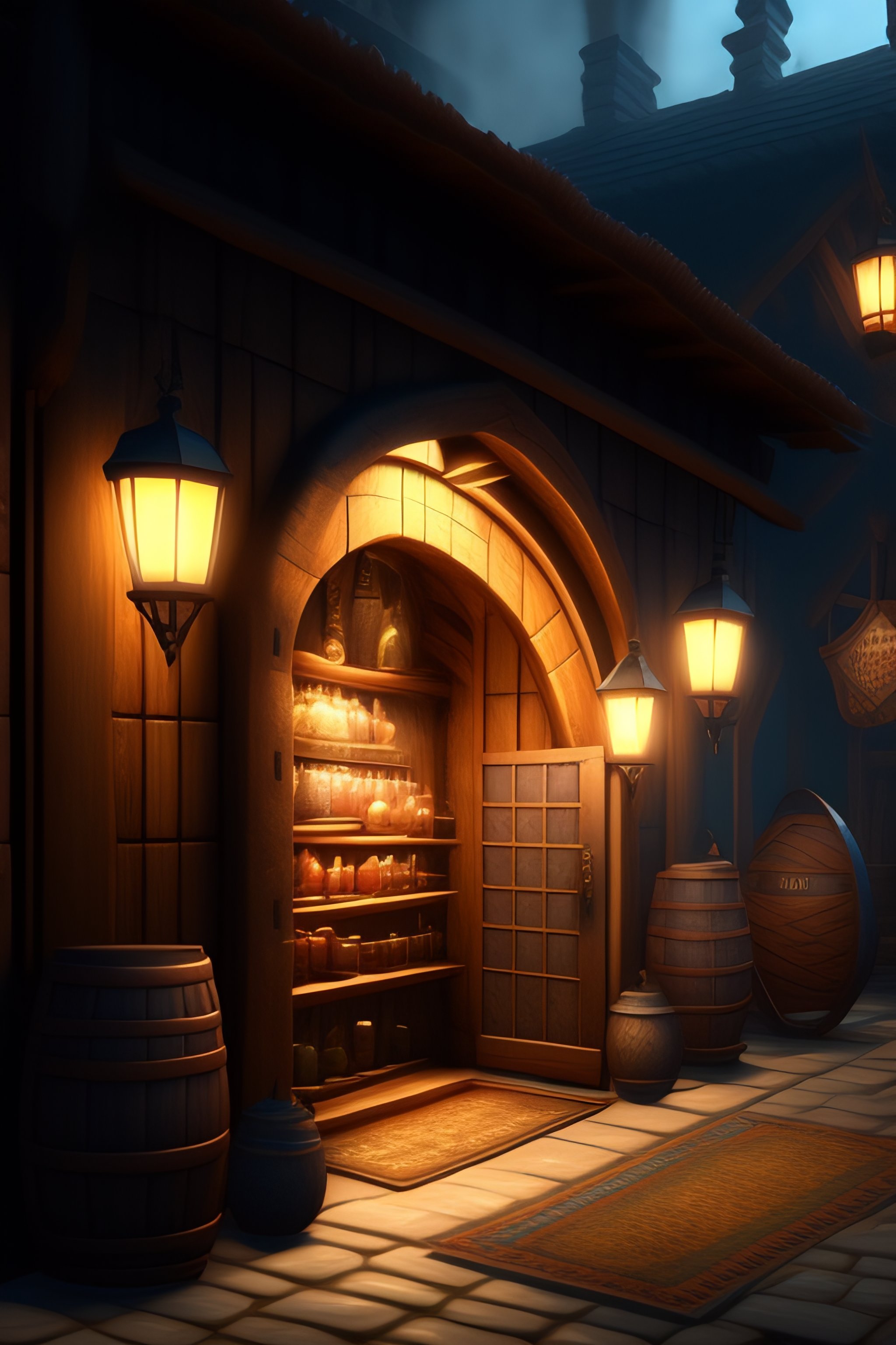 Lexica - Dimly lit medieval fantasy Merchants store, inside ...