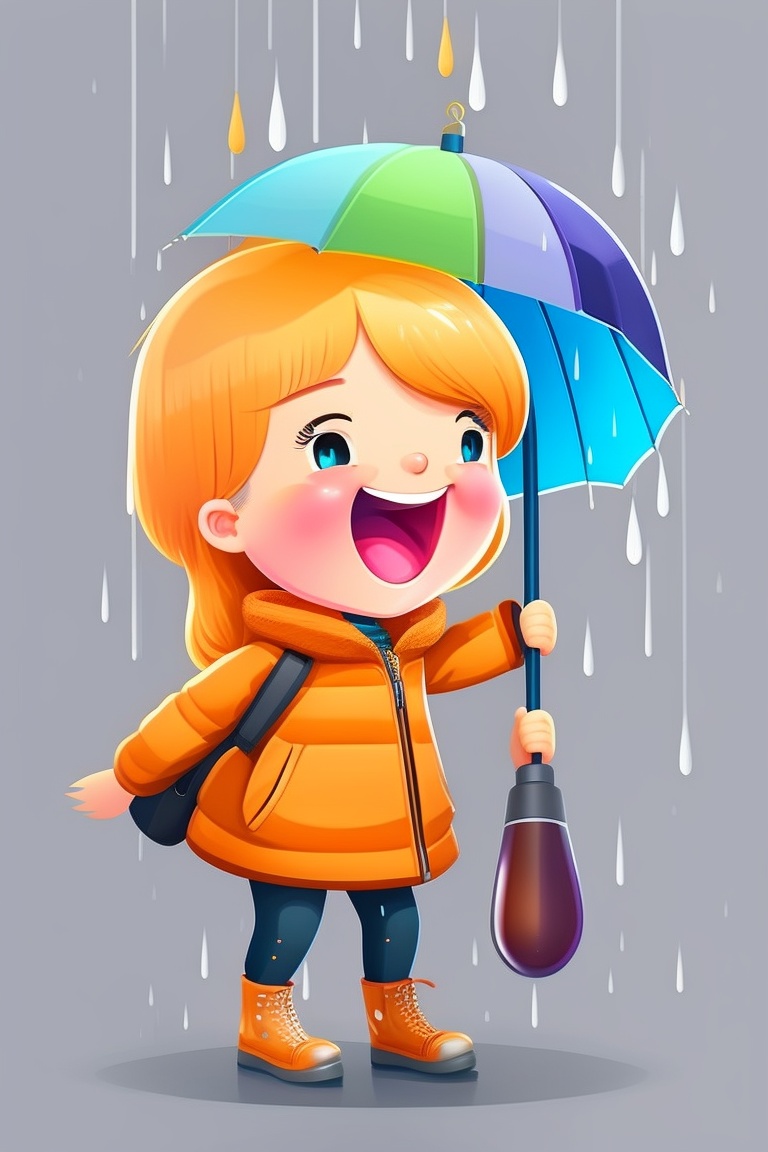 Lexica - Little girl laughing merrily in the rain, cartoon style