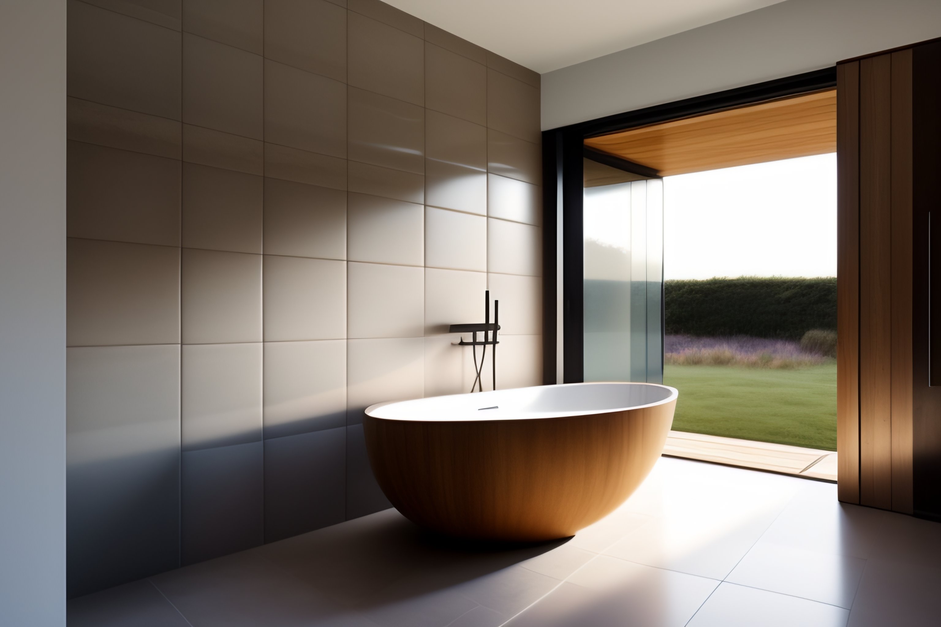 Lexica - Opulent bathroom tiles in stone imitation, bathtub by the ...