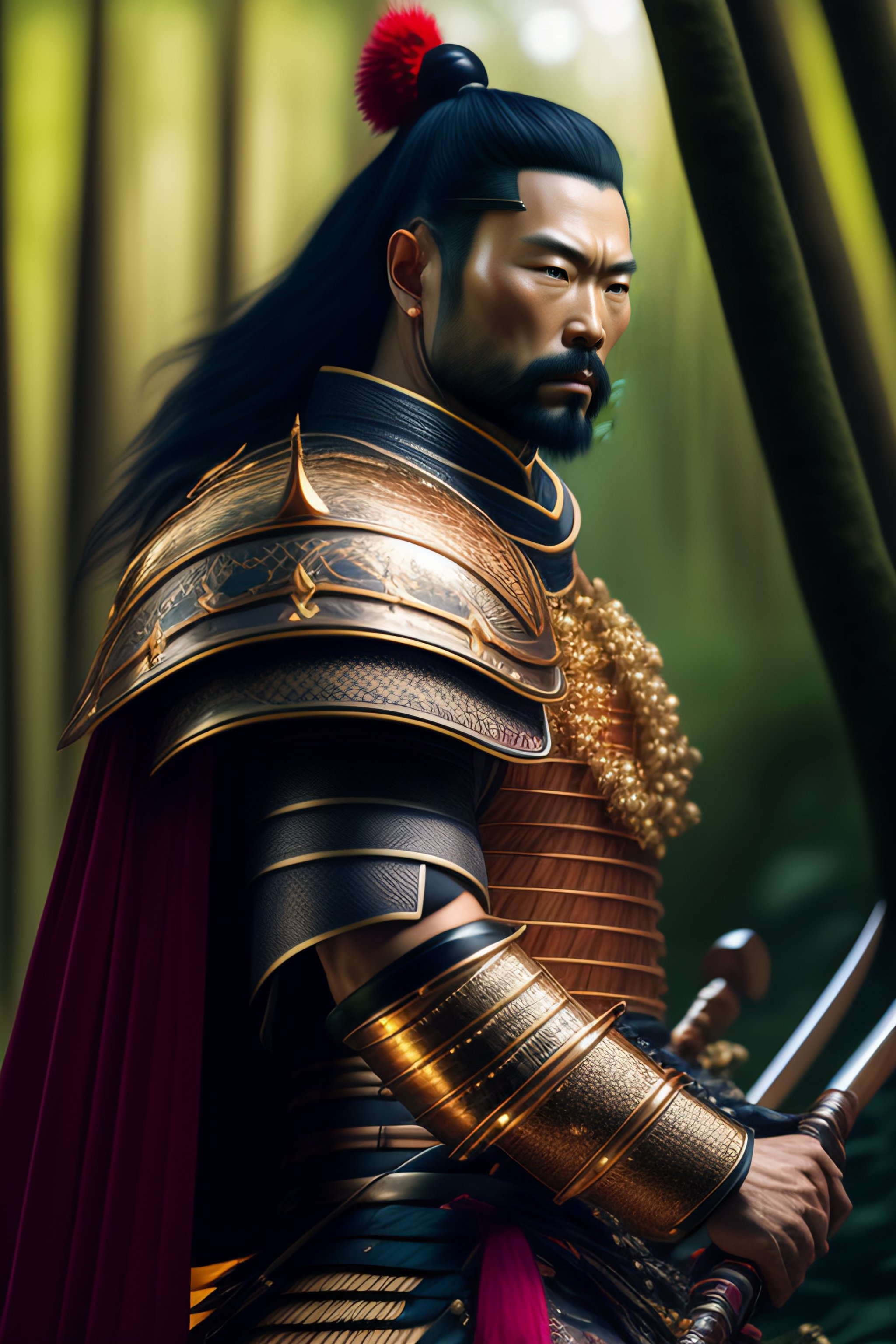 Lexica - Close up of samurai general in full armor, in a bamboo forest ...