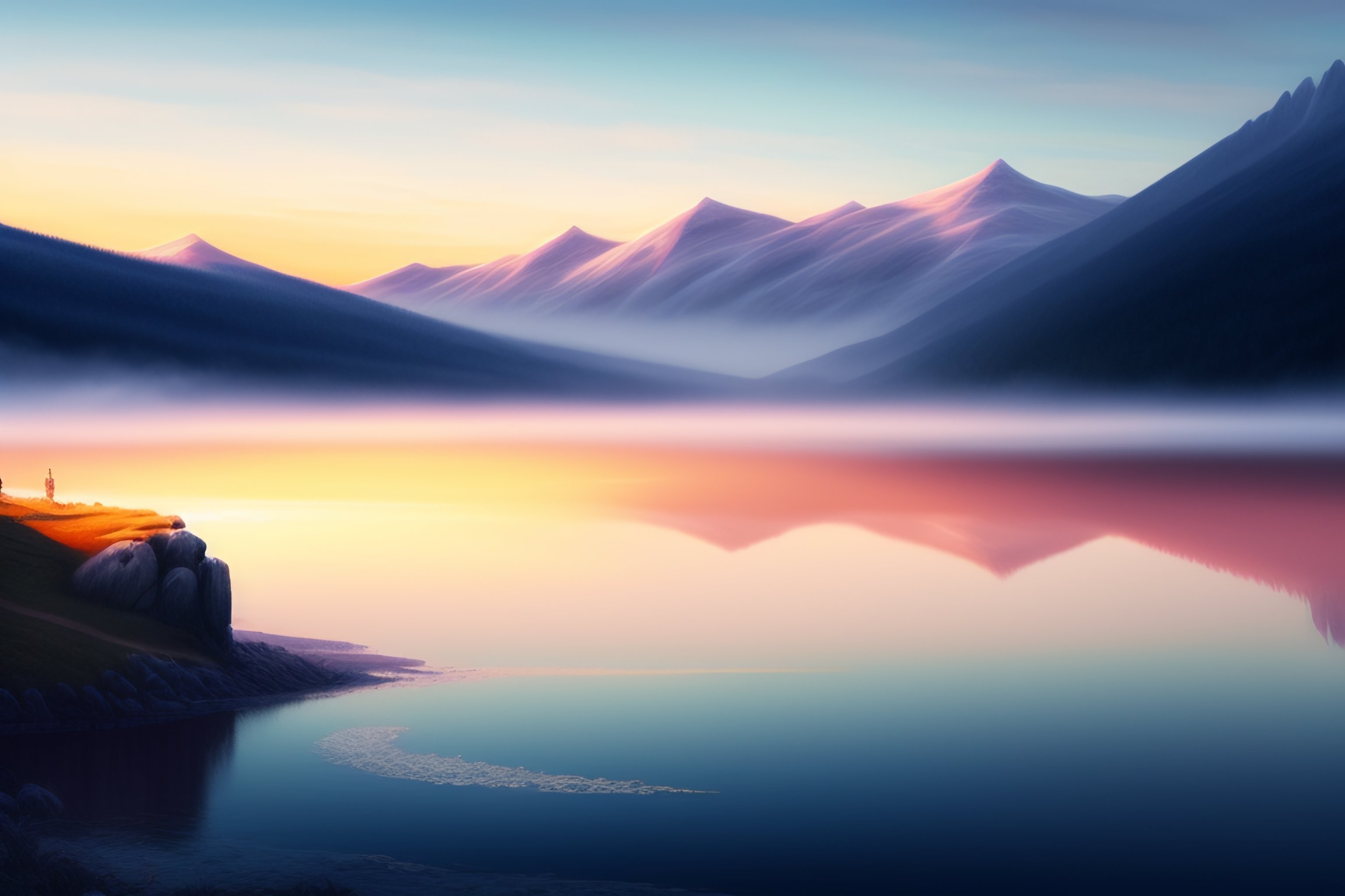 Lexica - A hand-drawing of a beautiful landscape with a lake, some fog ...