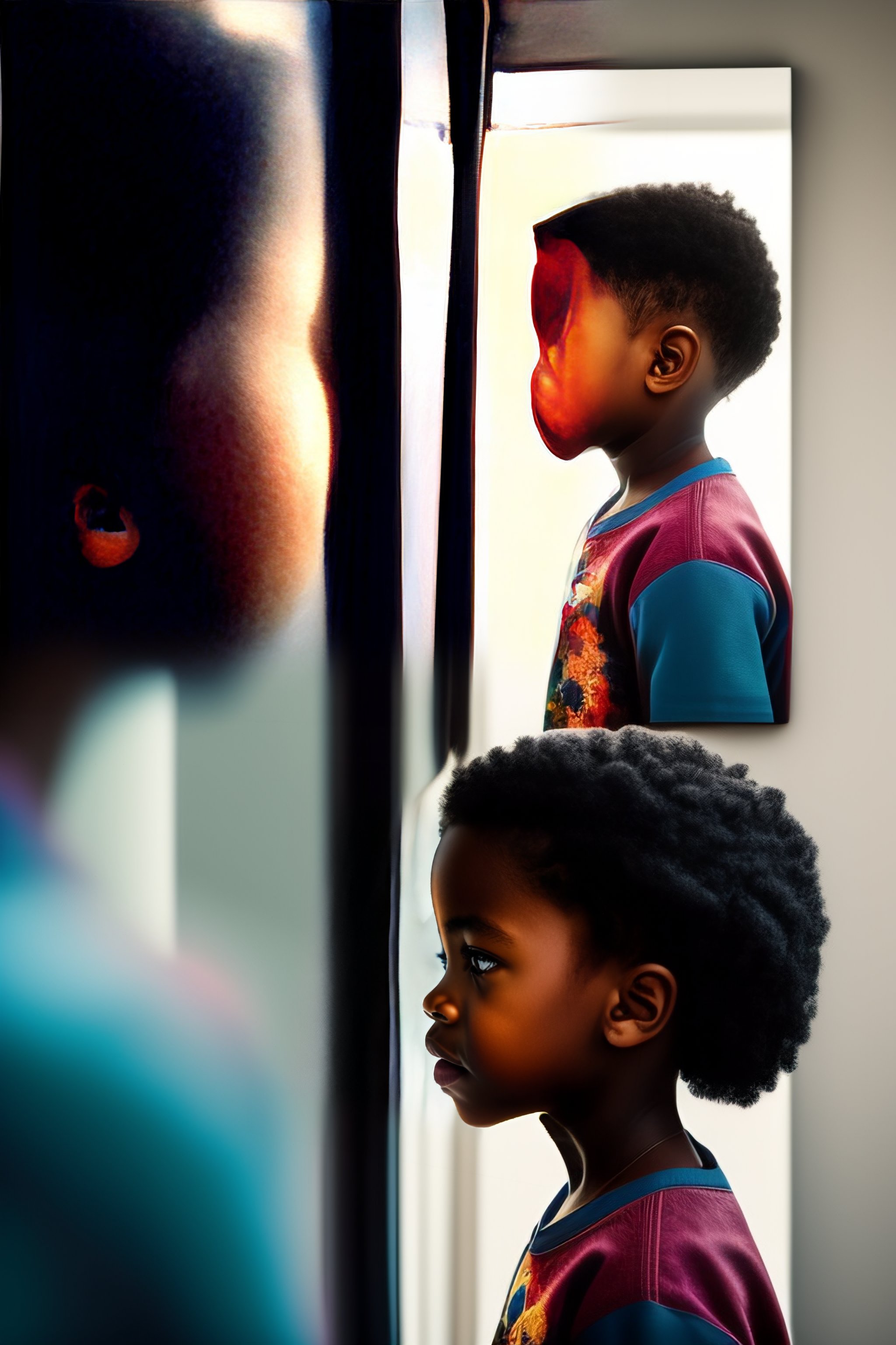 Lexica - A black child standing in front of a mirror, looking at their ...