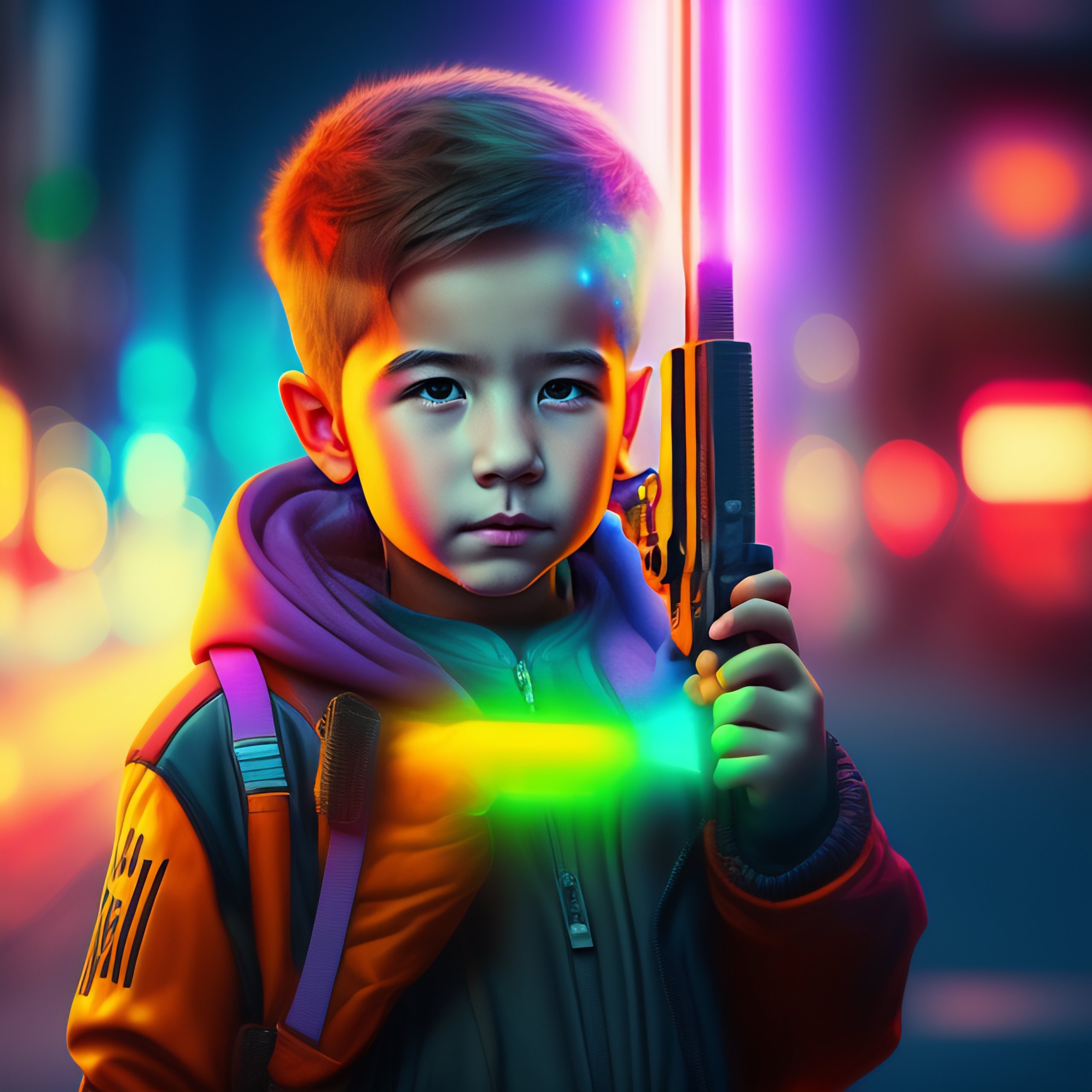 Lexica - Kid holding a futuristic rifle, realistic, cyberpunk, modified ...