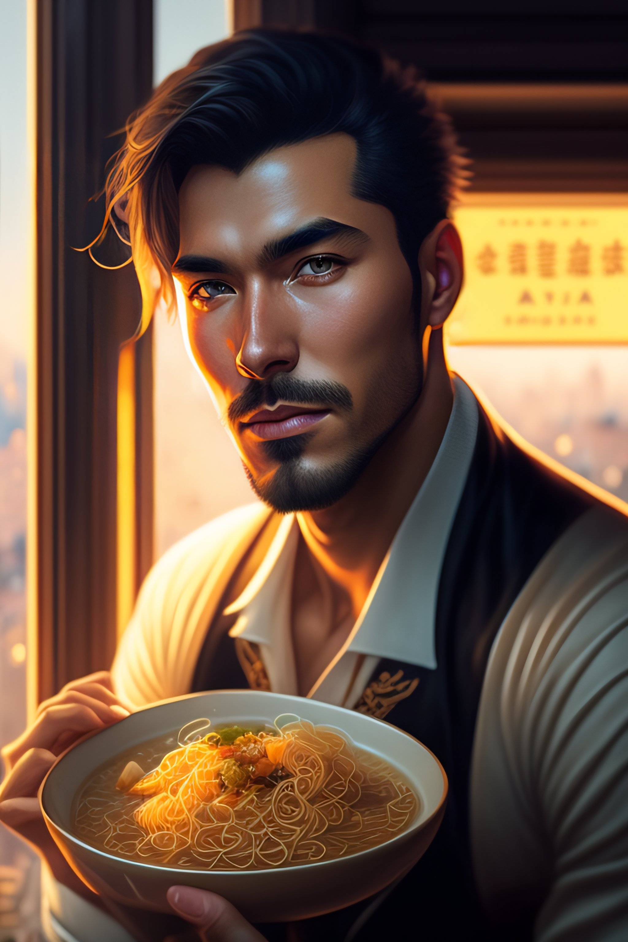Lexica - Highly detailed man happily eating bowl of broad german ...