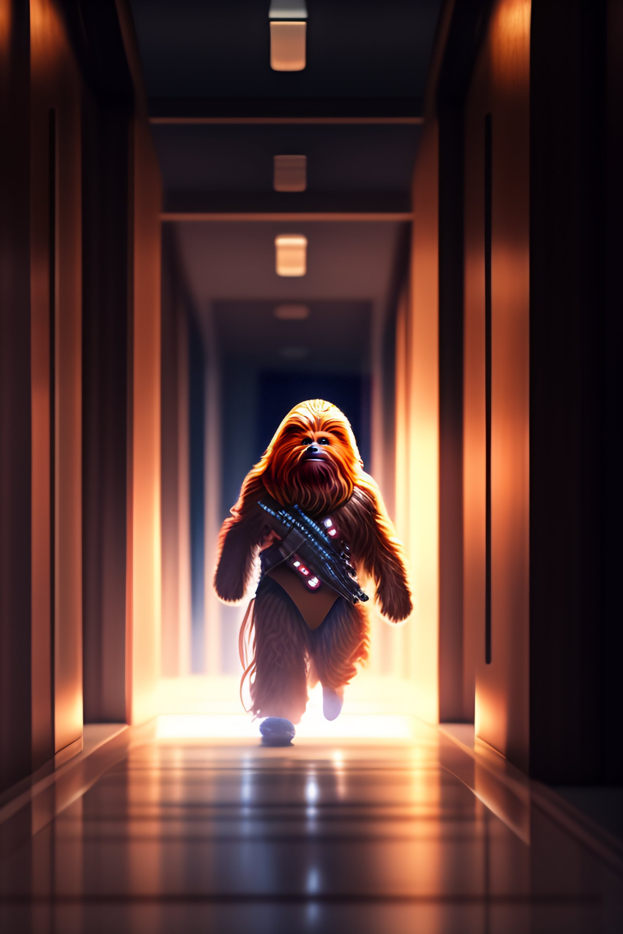Lexica - Chewbacca running down a long hallway, Star wars, by artgerm ...