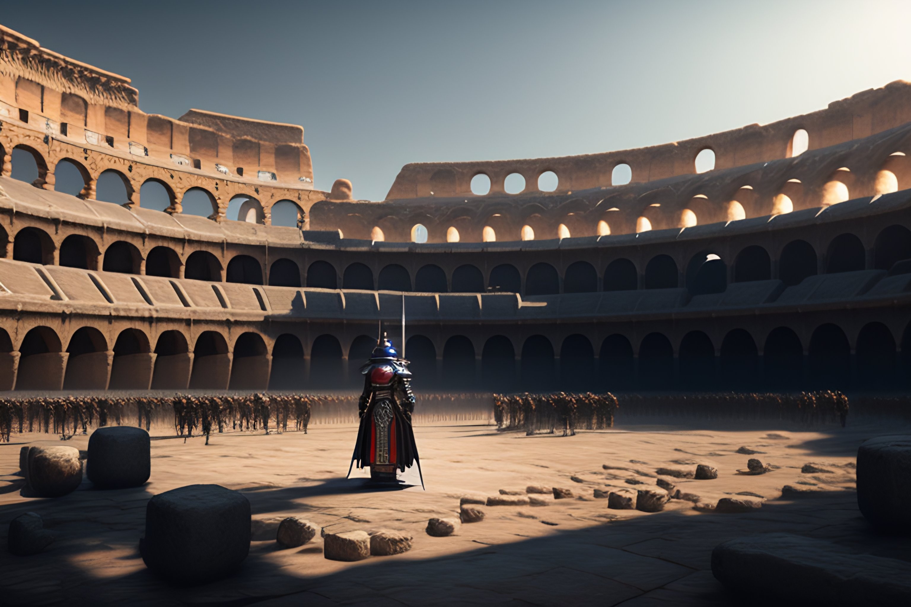 Lexica - A robot with 2 katanas confronting his master inside a roman ...