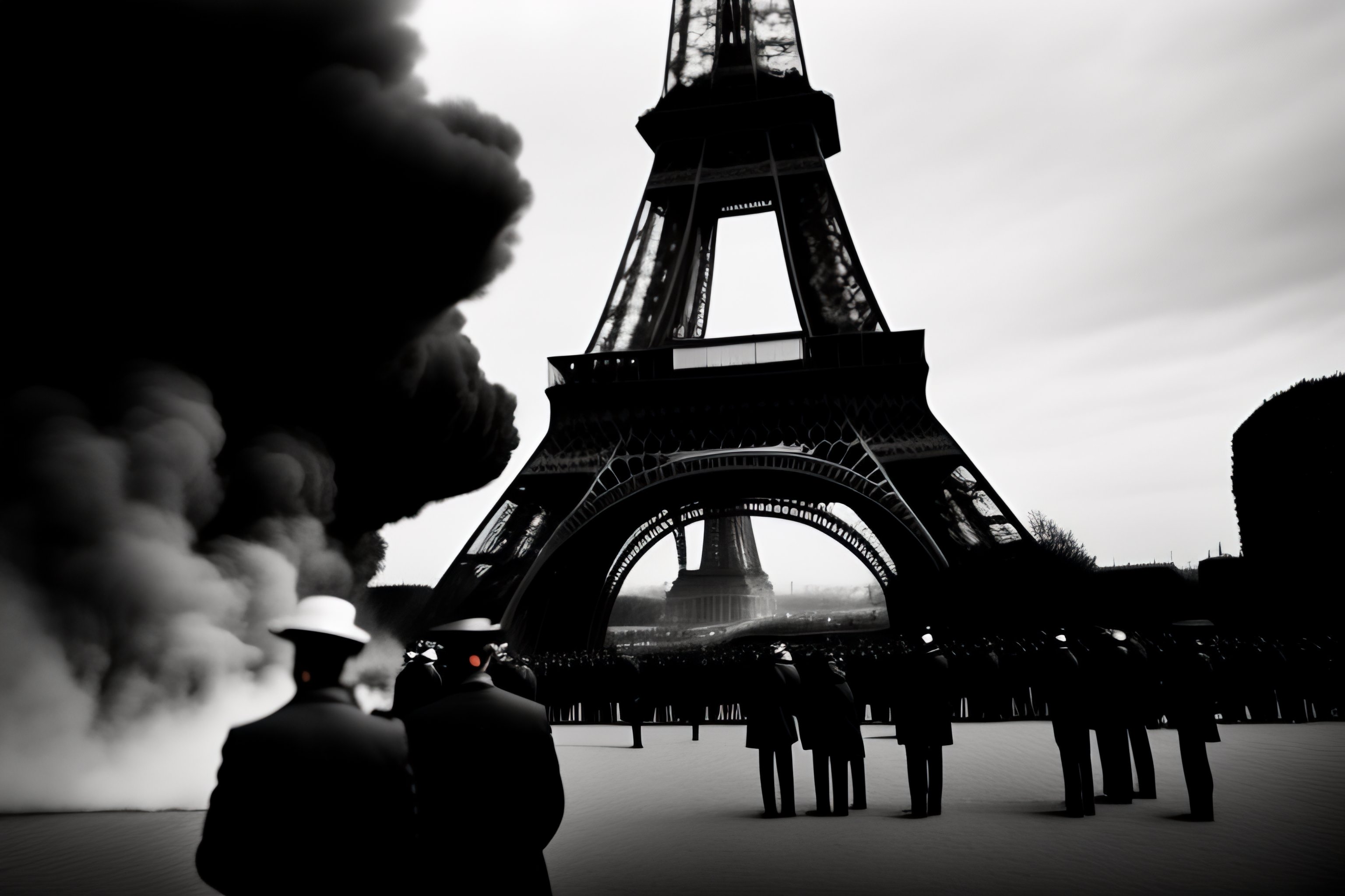 Lexica - Old black and white photo of the Eiffel tower being set on ...