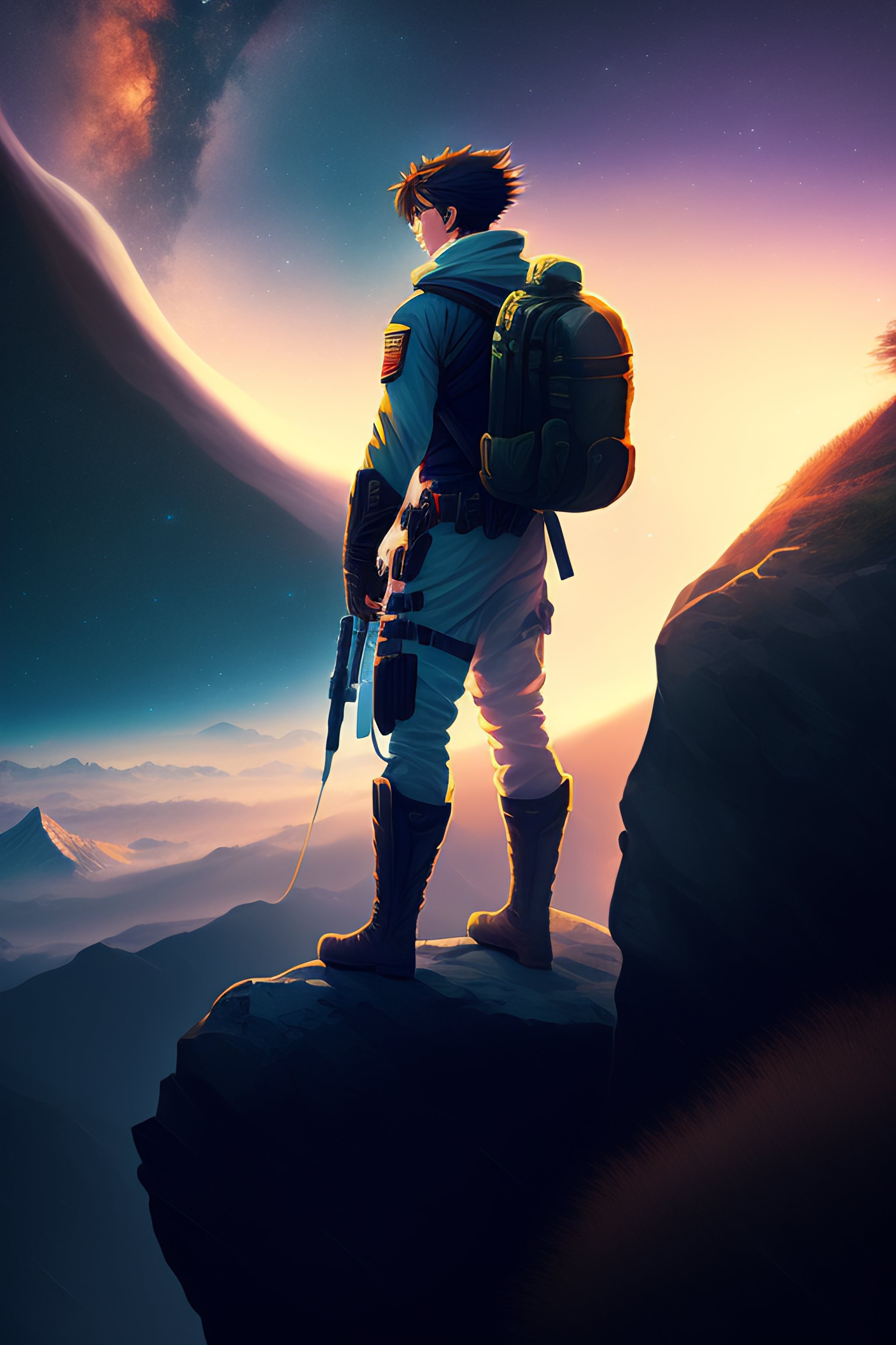 Lexica - Hero on cliff peak staring up at stars, high detail, anime ...