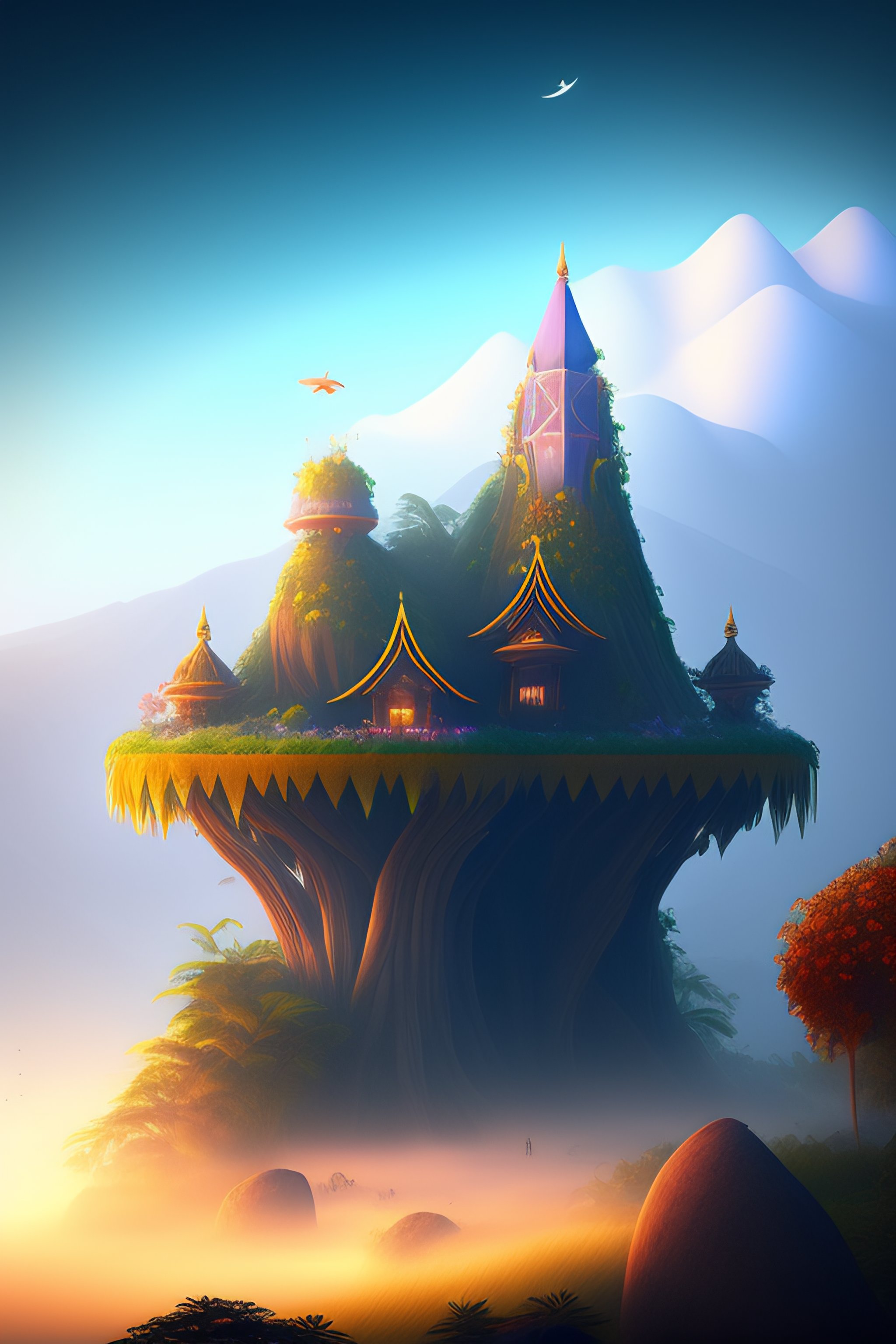 Lexica - Mystical ethereal tropical village building and fog