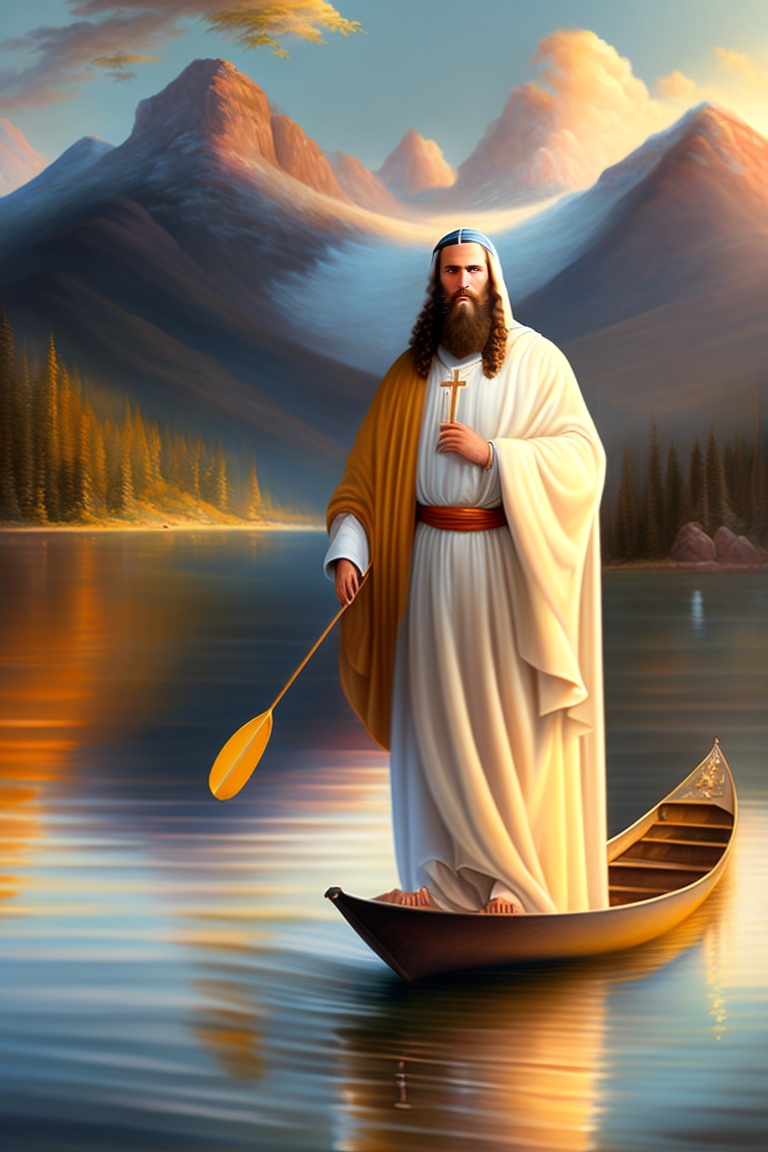 Lexica - Realistic old painting of Jesus walking on a paddle in the ...