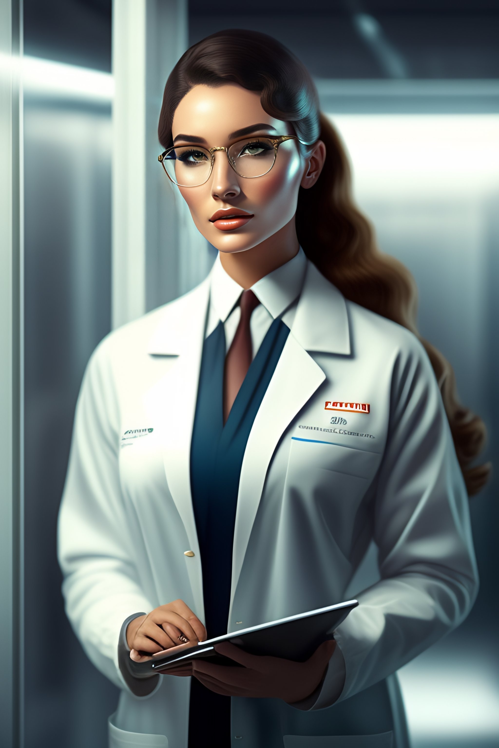 Lexica - Beautiful girl, wearing lab coat and glasses, holding a ...