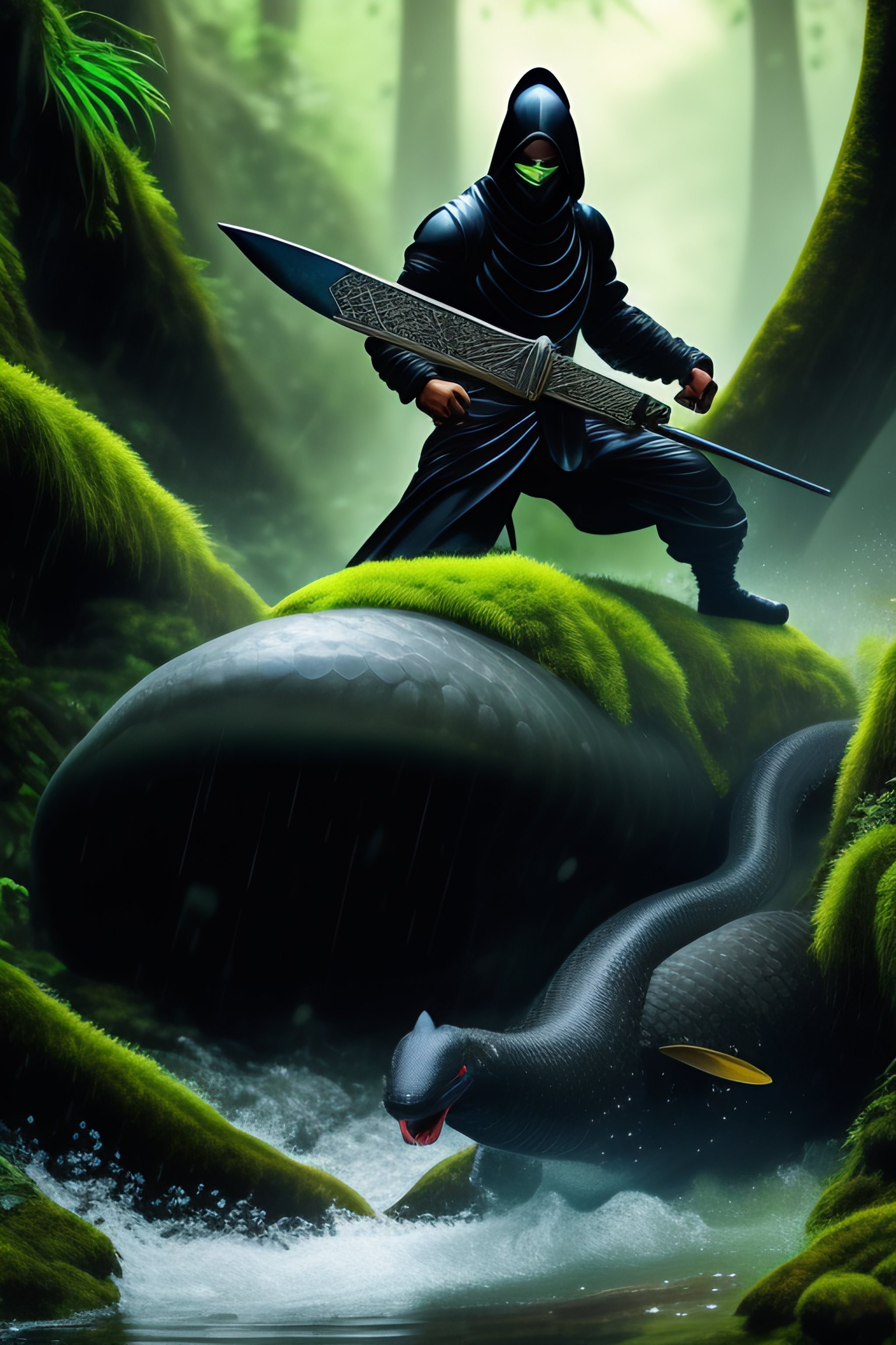 Lexica - Image of a black Ninja Assassin killing a big anaconda in the ...