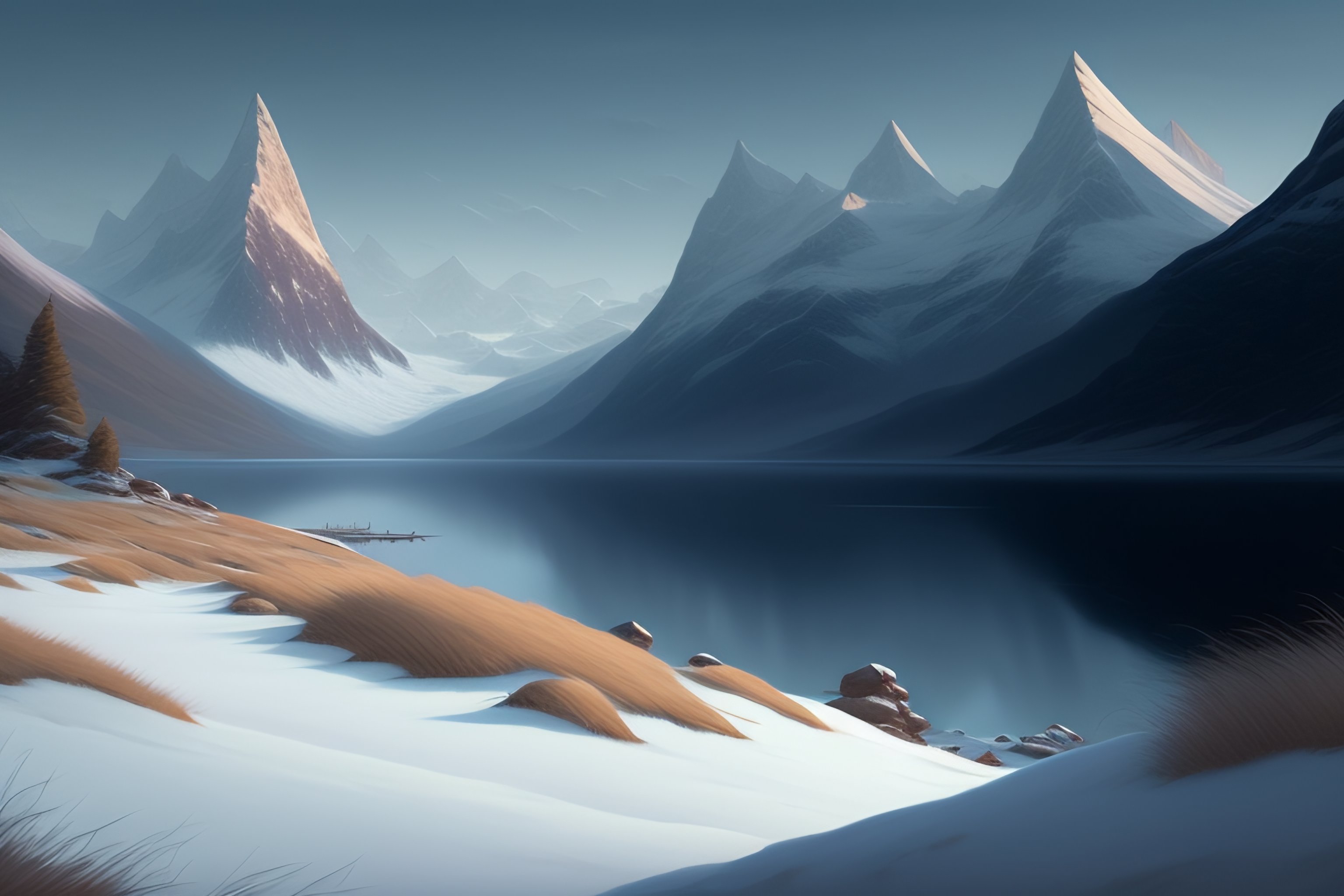 Lexica - Snowy mountains with freen grass and lake, roerich, digital ...